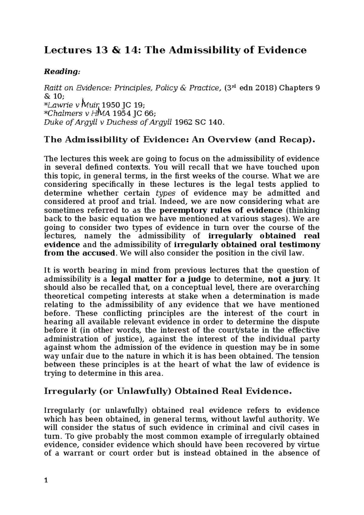Lecture Guide W7: The Admissibility of Evidence in Law - Studocu