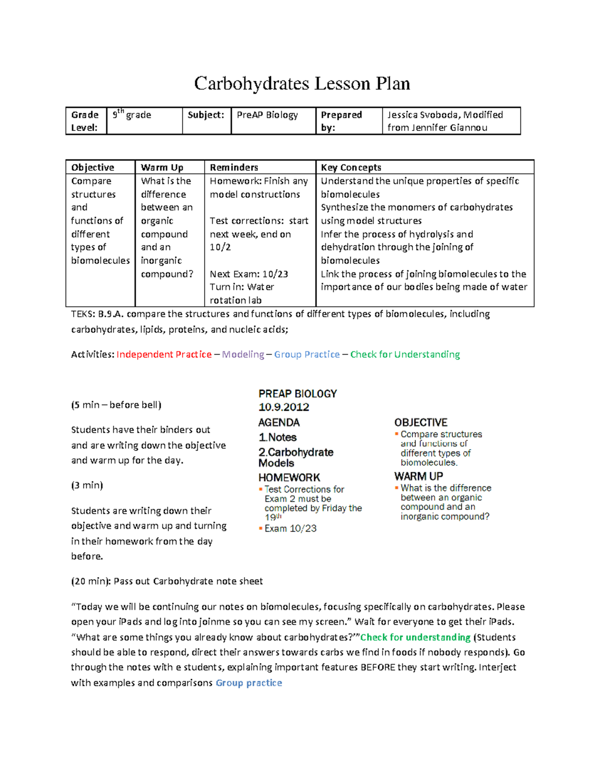 Carbohydrates Lesson Plan for PreAP Biology (9th Grade) - Studocu