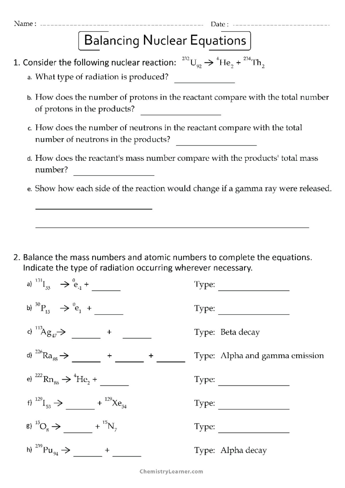 Chemistry 101: Balancing Nuclear Equations Worksheet & Answer Key - Studocu