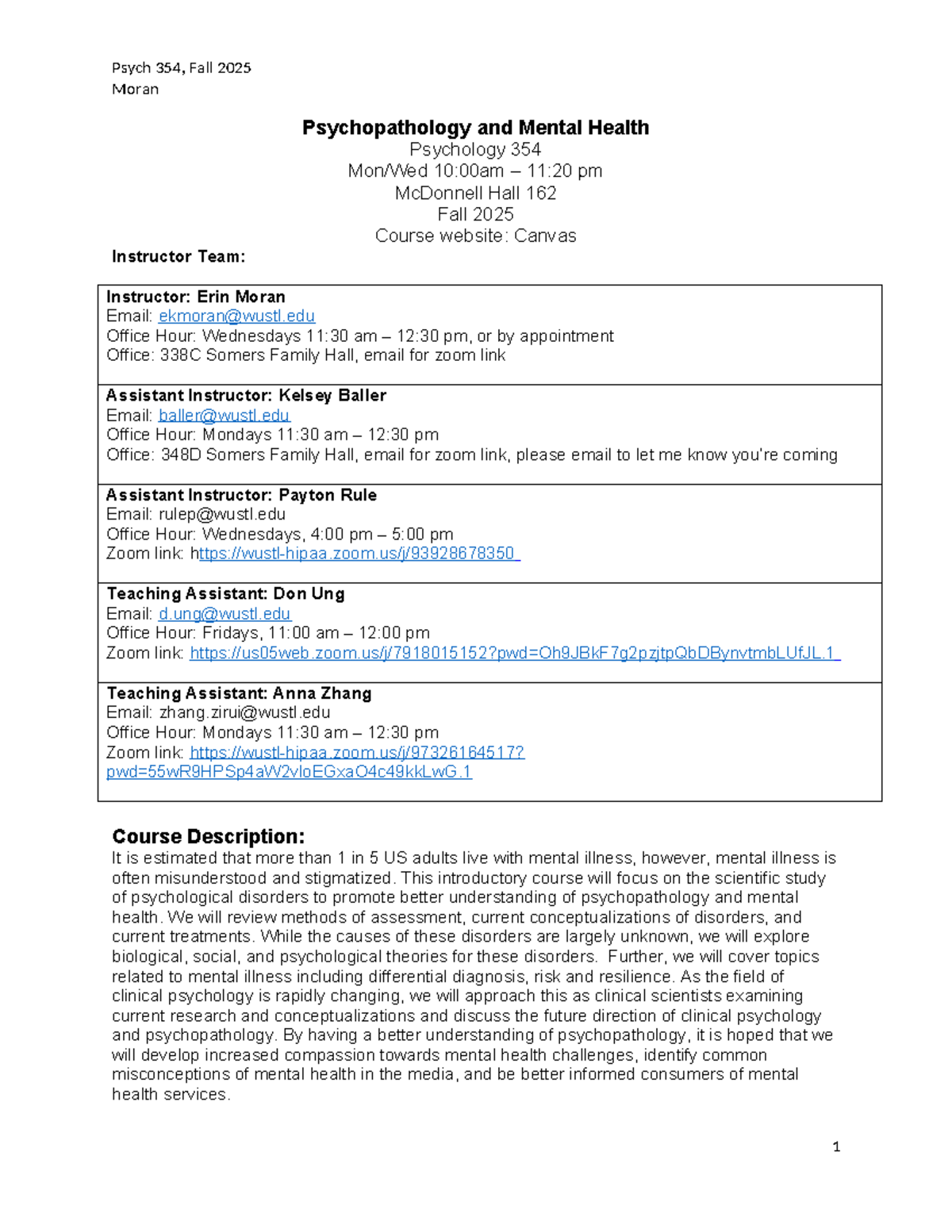 Psych 354: Syllabus for Fall 2025 - Psychopathology & Mental Health - Studocu