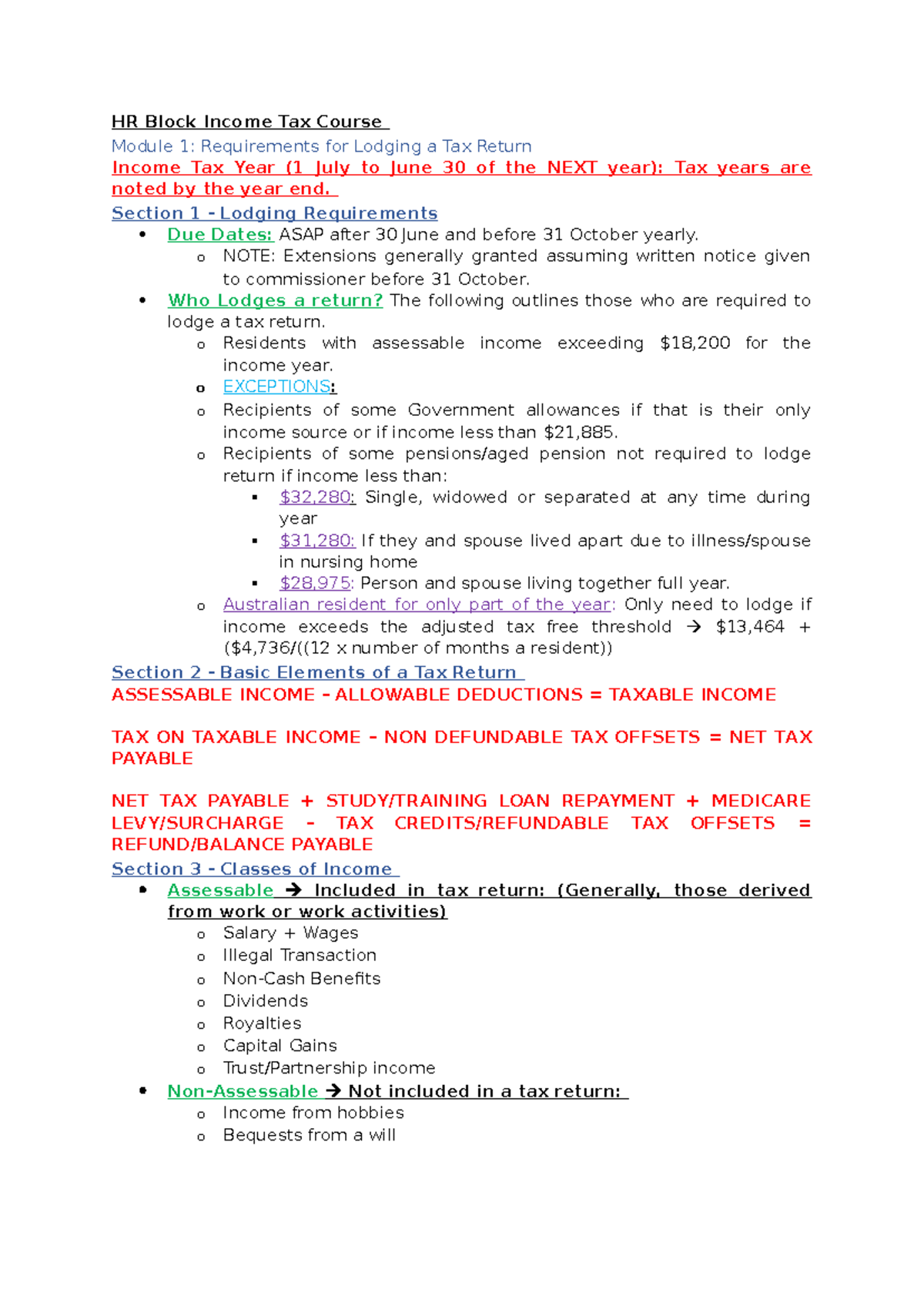 HR Block Income Tax Course Module 1: Tax Return Requirements Summary ...