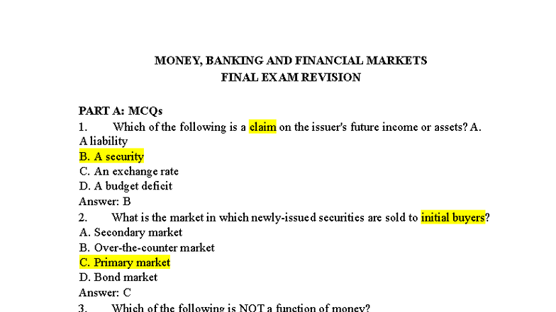 MONEY, BANKING AND FINANCIAL MARKETS FINAL EXAM REVISION PART A: MCQs ...