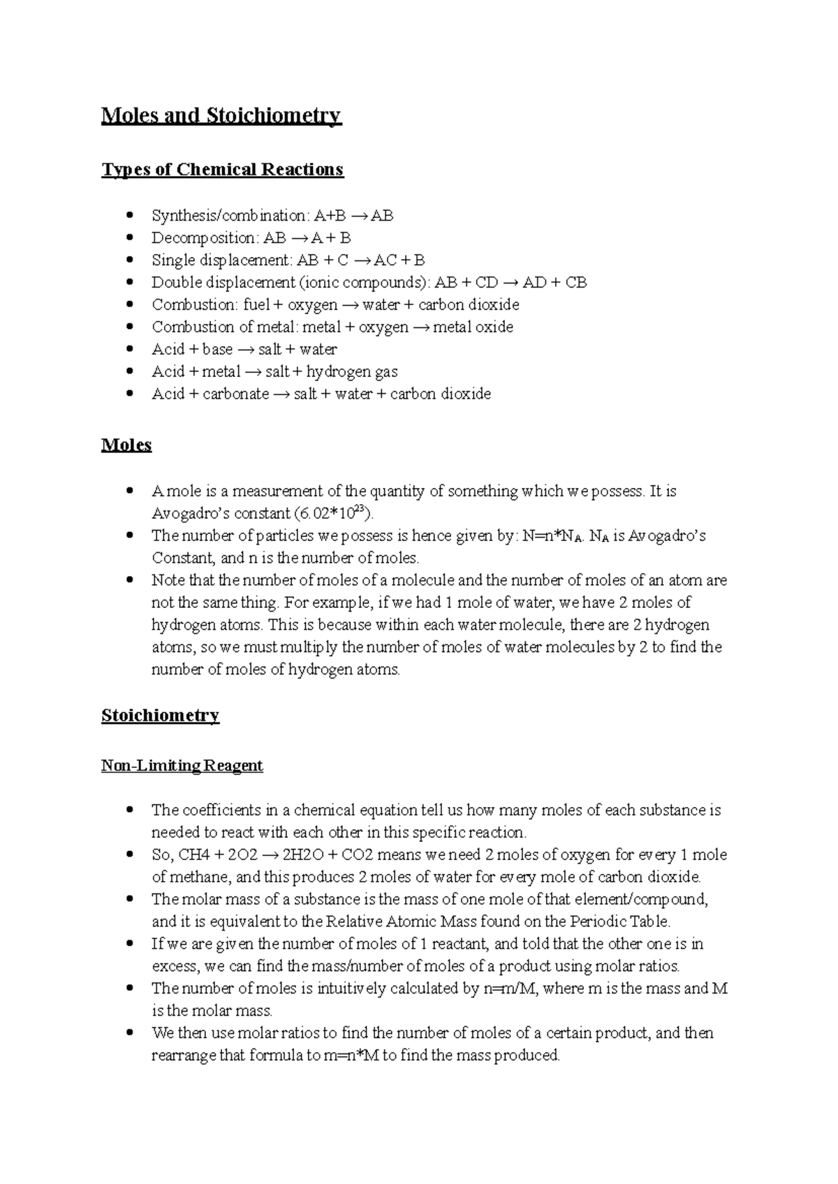 Chemistry Unit 1 & 2 Notes: Moles, Stoichiometry & Reactions - Studocu