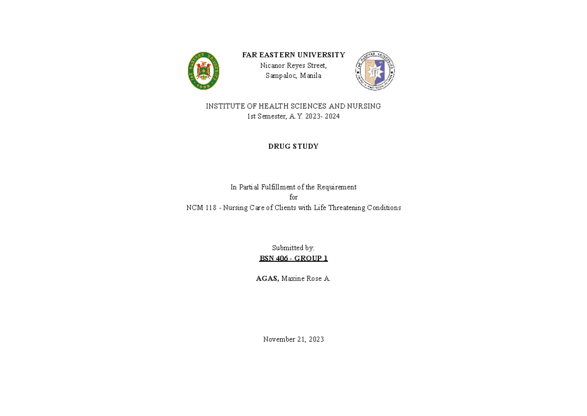 DRUG- Study-EAMC - Drug study - FAR EASTERN UNIVERSITY Nicanor Reyes ...