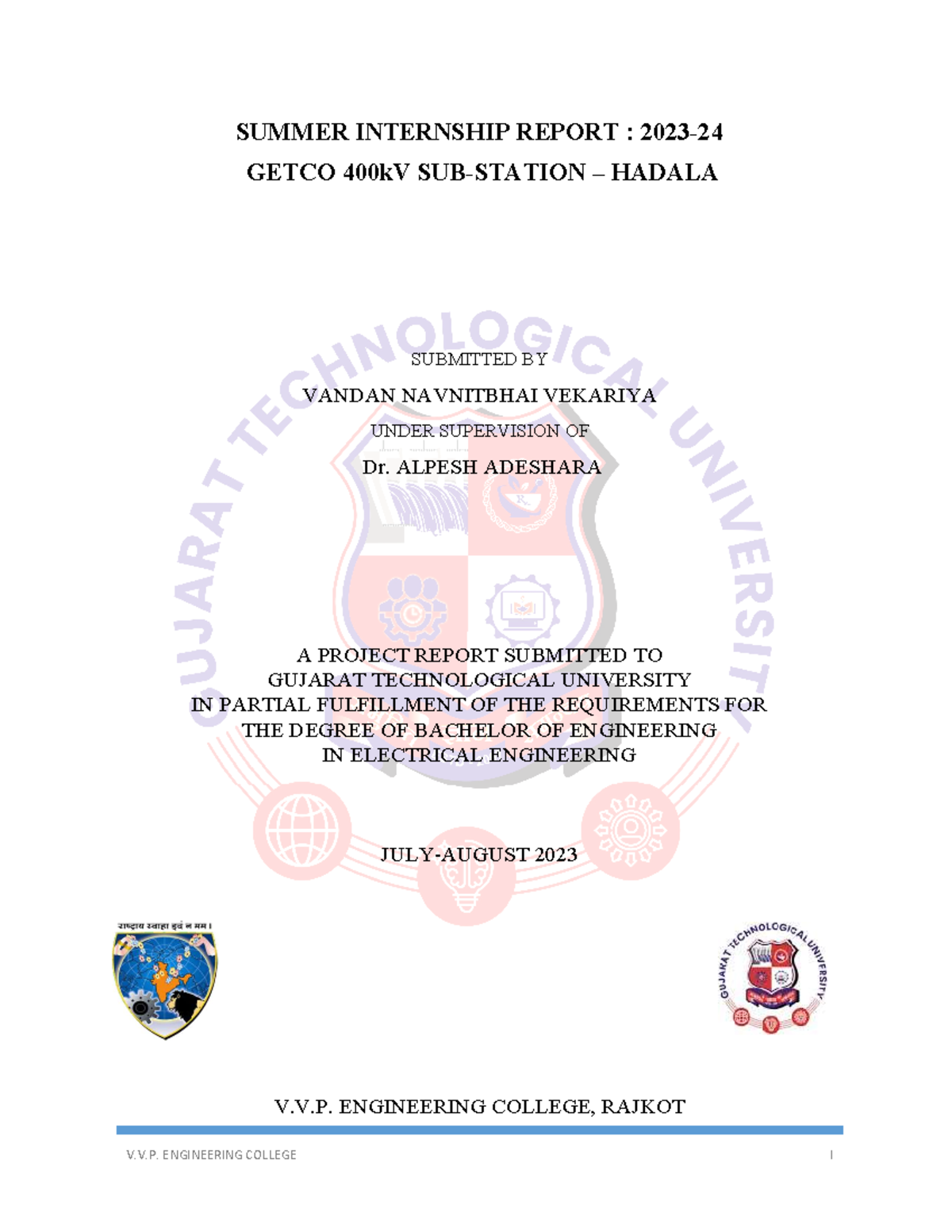 GETCO 400kV Substation Summer Internship Report (B.E. Electrical) - Studocu