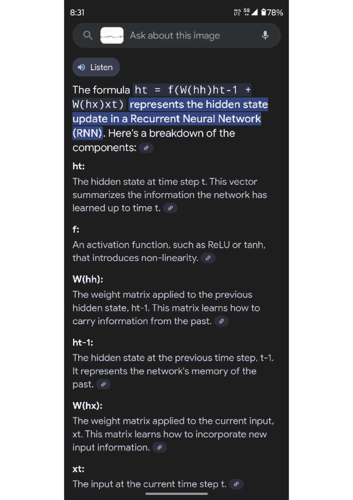 RNN Hidden State Update Formula Analysis - 8:31 Vo 5G LTE Q - Studocu