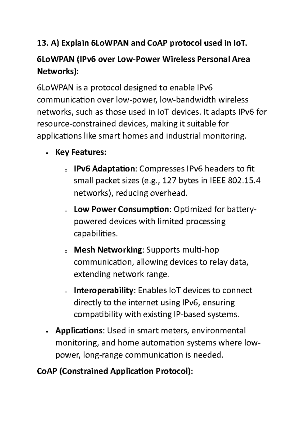 13. A) Overview of 6LoWPAN & CoAP Protocols in IoT Systems - Studocu