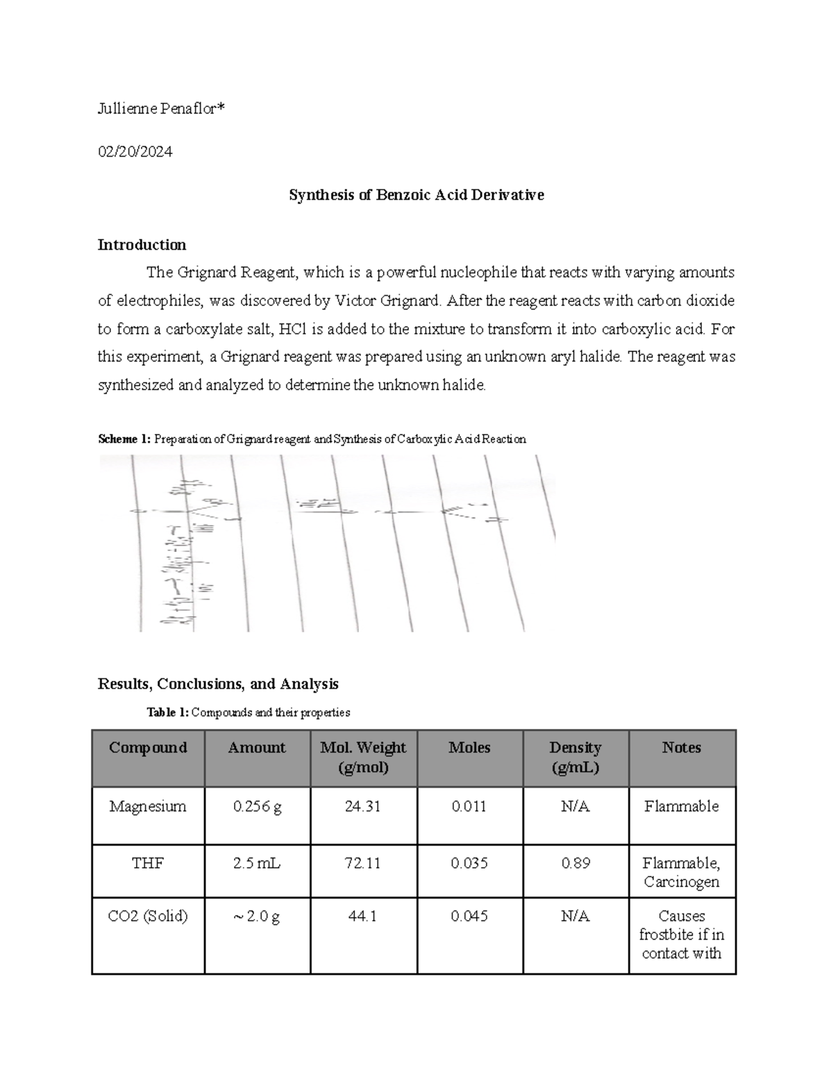 Lab Report: Synthesis of Benzoic Acid Derivative Using Grignard Reagent - Studocu