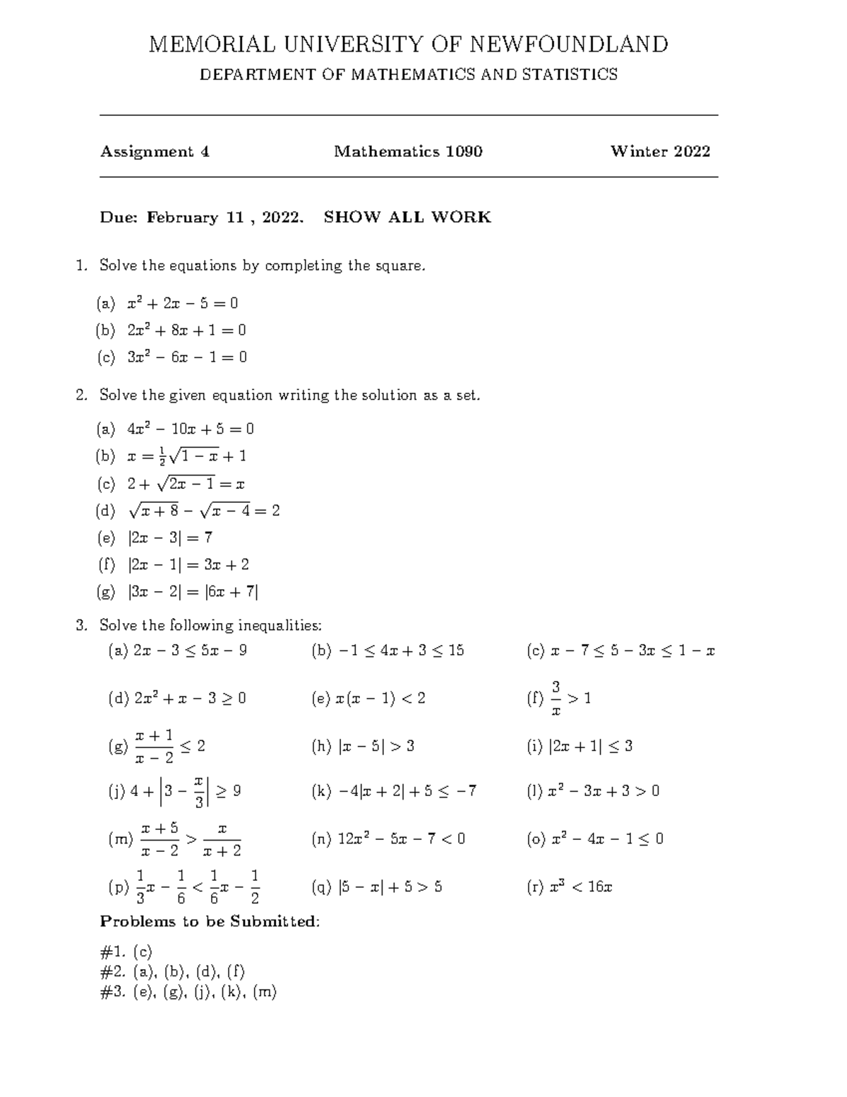 Assn4W22- math assignment number four - MEMORIAL UNIVERSITY OF ...