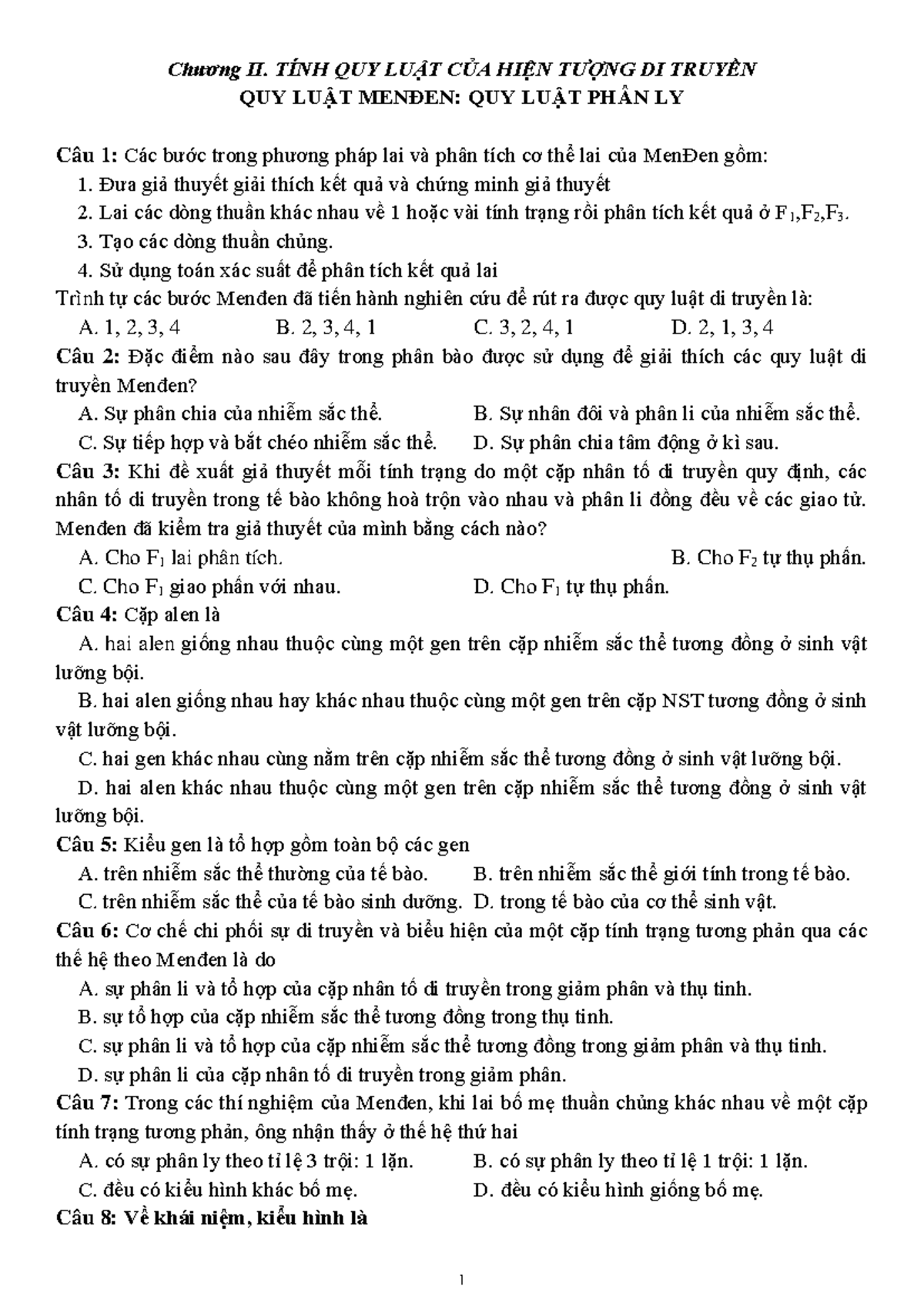 QUY LUẬT DI TRUYỀN VÀ PHÂN LY THEO MENĐEN - CHƯƠNG II - Studocu