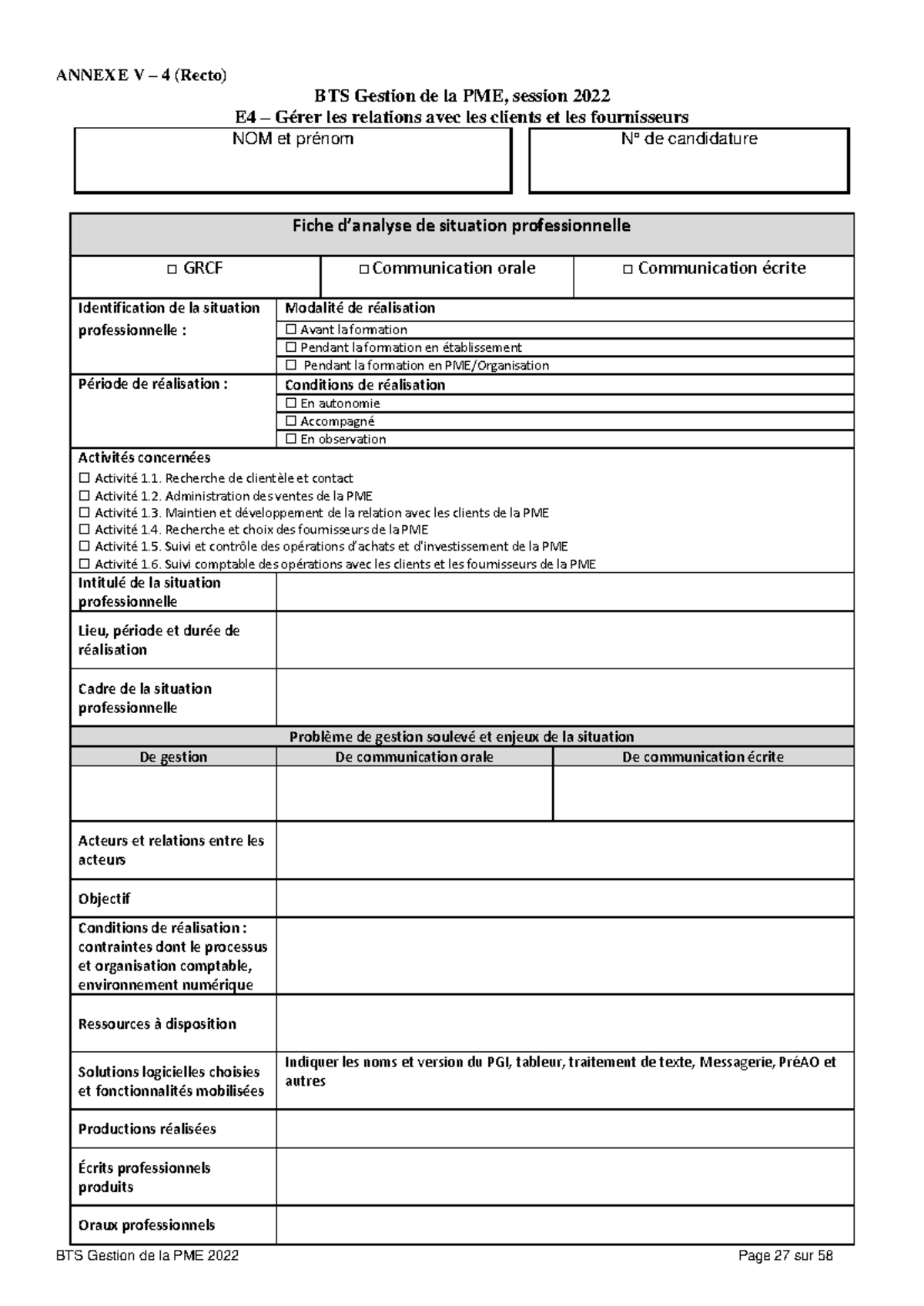 BTS GPME - E4 - Analyse de la Situation Professionnelle 2022 - Studocu