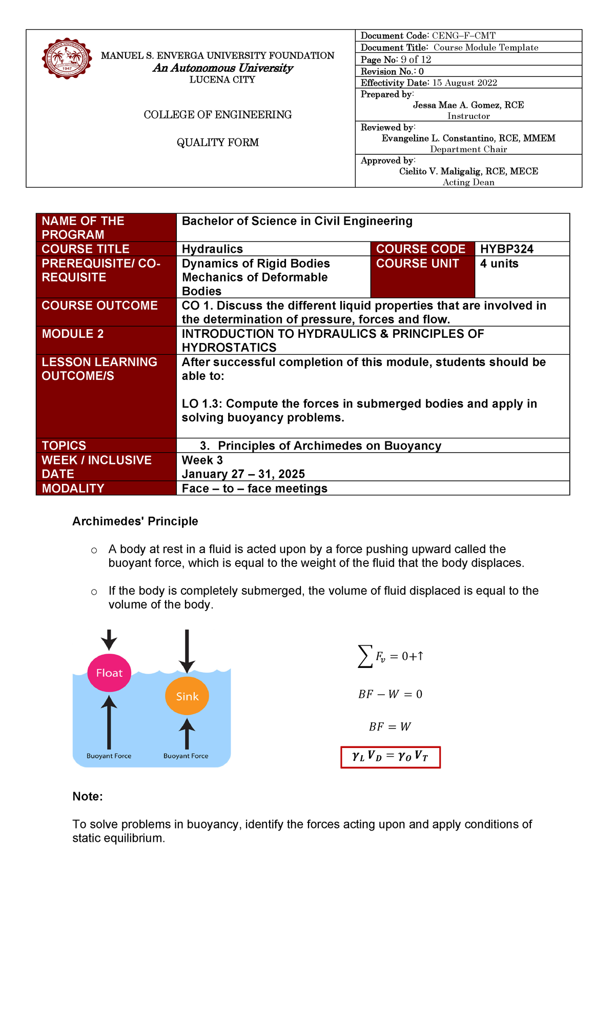 Gomez Hydraulics Course-Module-1-Prelim-Part-2-Buoyancy - COLLEGE OF ...