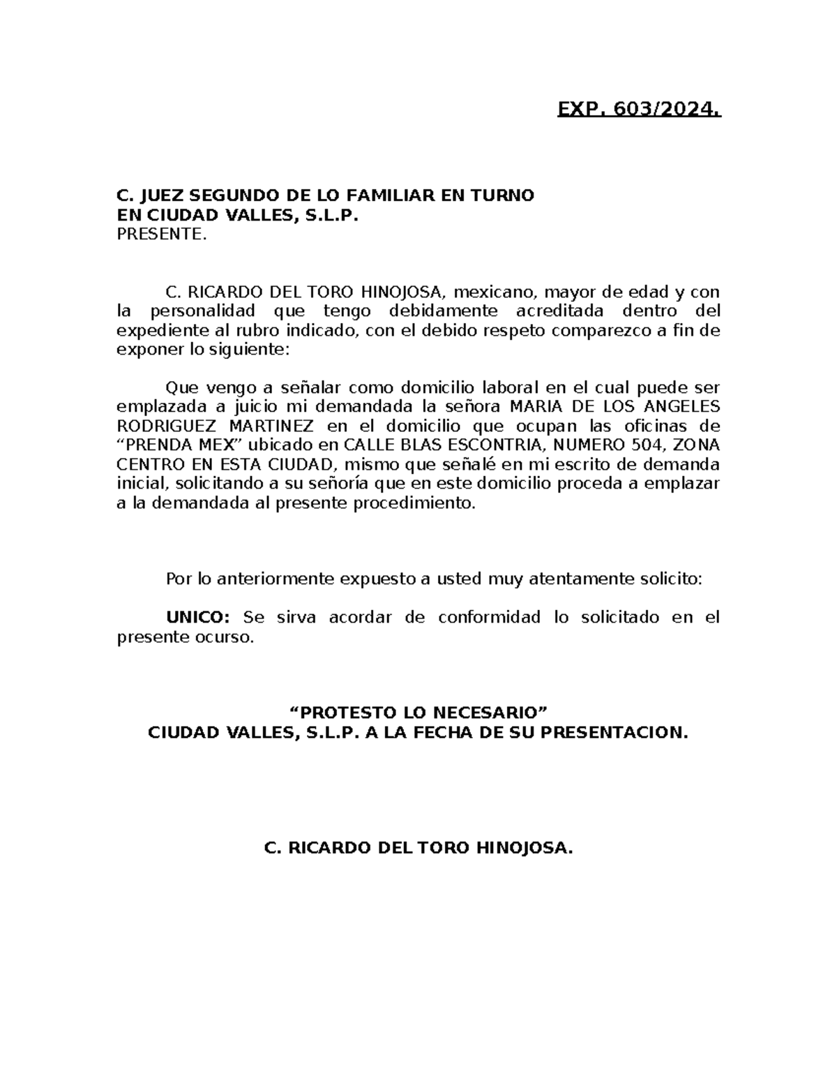 Escrito para Nombrar Nuevo Domicilio en EXP. 603/2024 para Emplazar ...