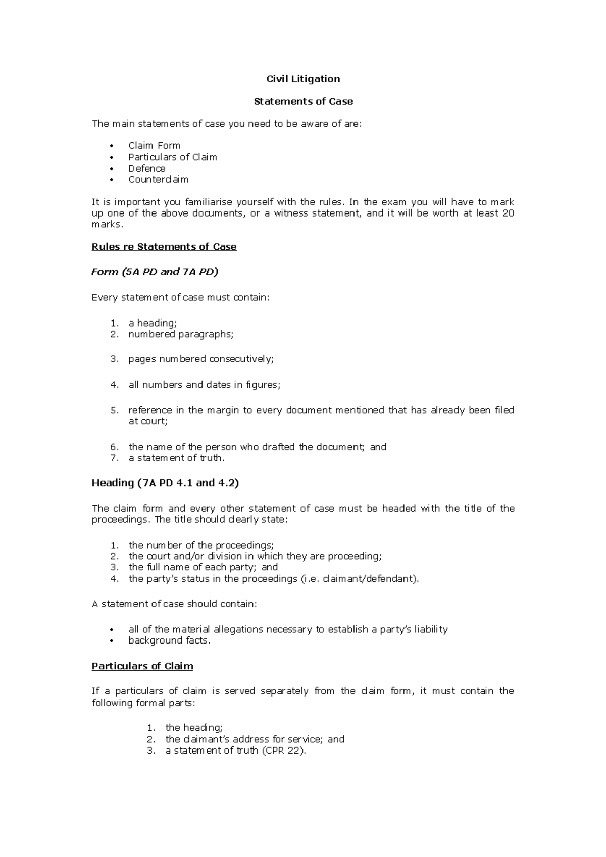 Civil Litigation - Statement of Case note - Civil Litigation Statements ...