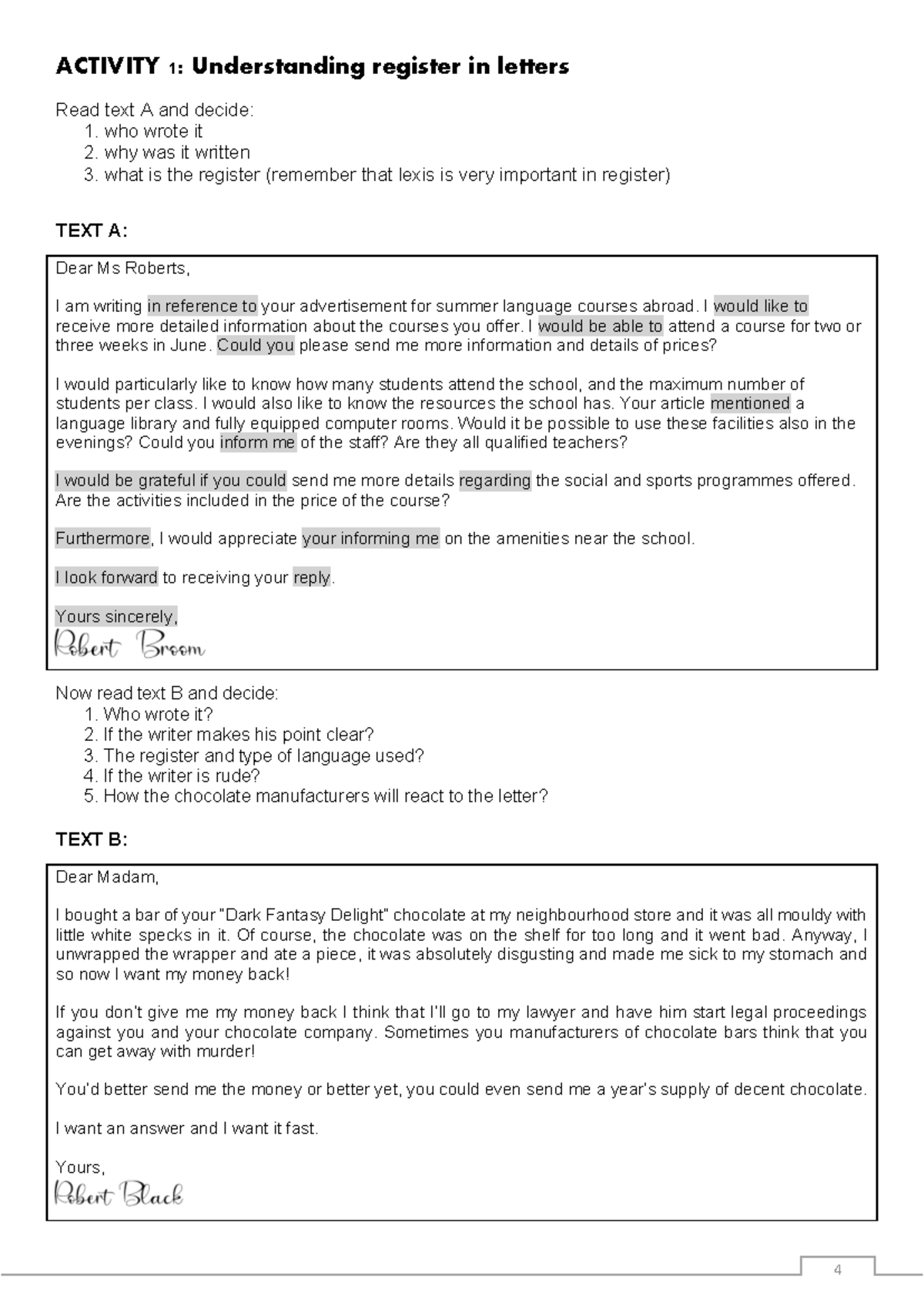 Transactional Writing Module: Analyzing Letter Registers - Studocu