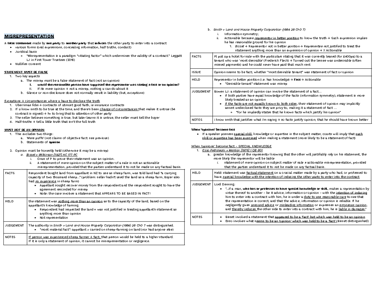 Contract Exam Misrepresentation Notes (Law 101) - Studocu