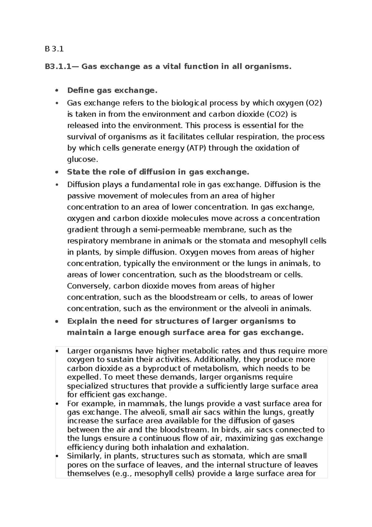 B3 - IB SL Biology Notes: Gas Exchange and Adaptations in Organisms ...
