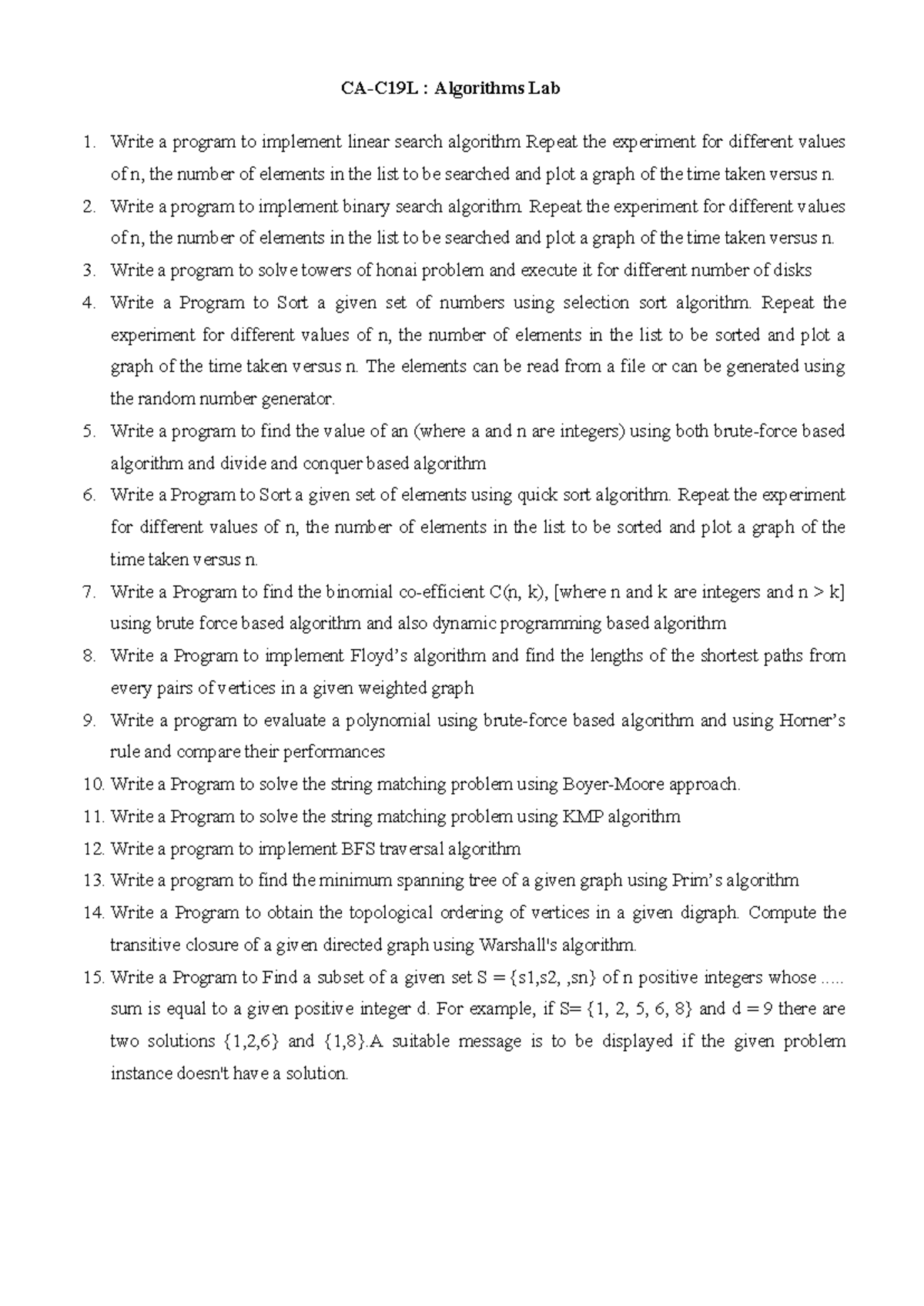 DAA-lab manual - Lab Programs - CA-C19L : Algorithms Lab Write a program to implement linear ...