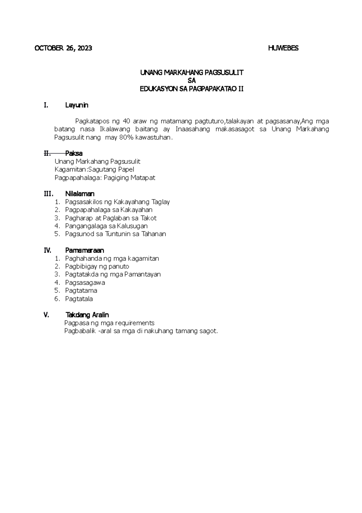 Lesson PLAN 1ST Periodical TEST - OCTOBER 26, 2023 HUWEBES UNANG ...