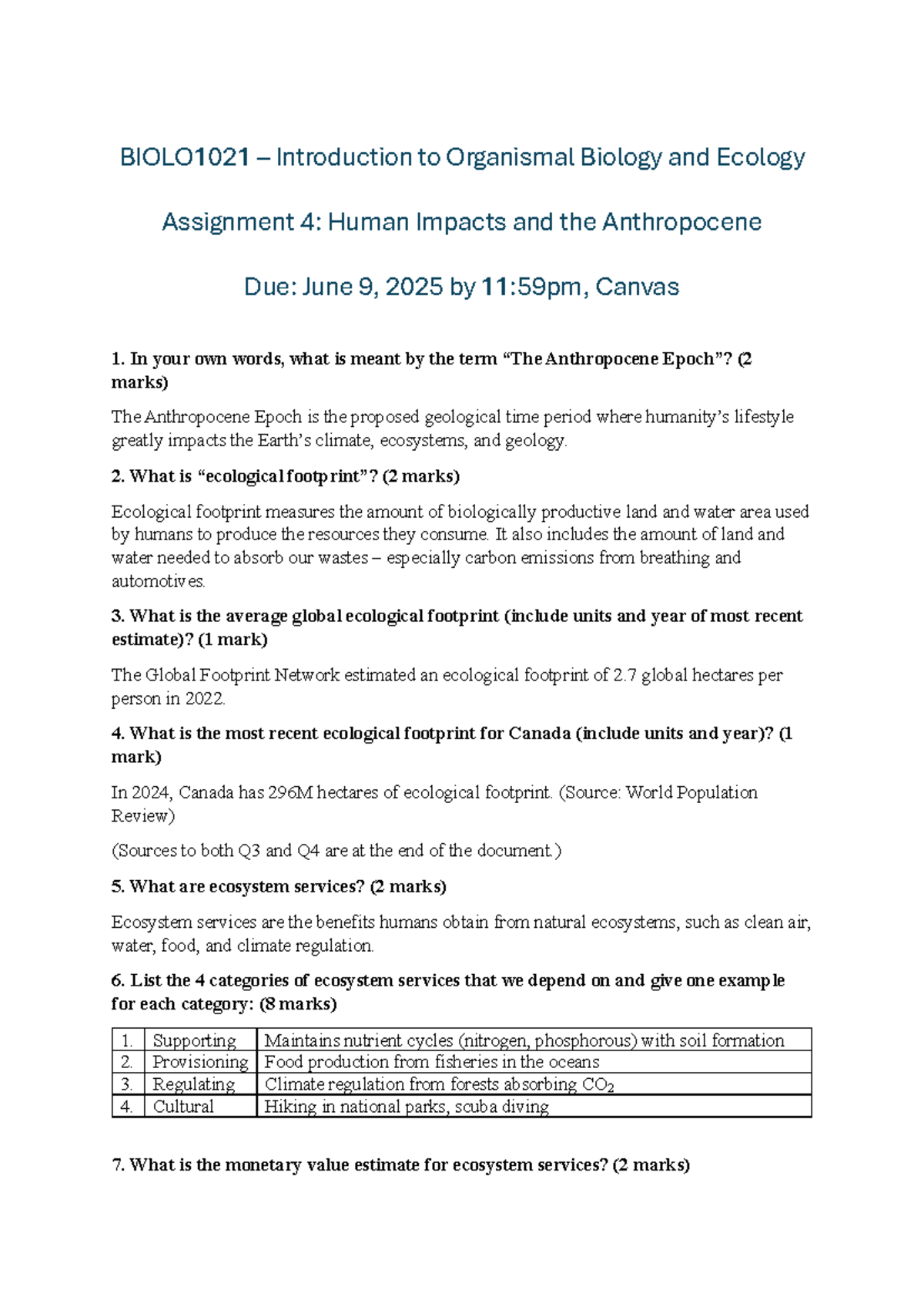 BIOLO1021 Assignment 4: Human Impacts in the Anthropocene - Studocu