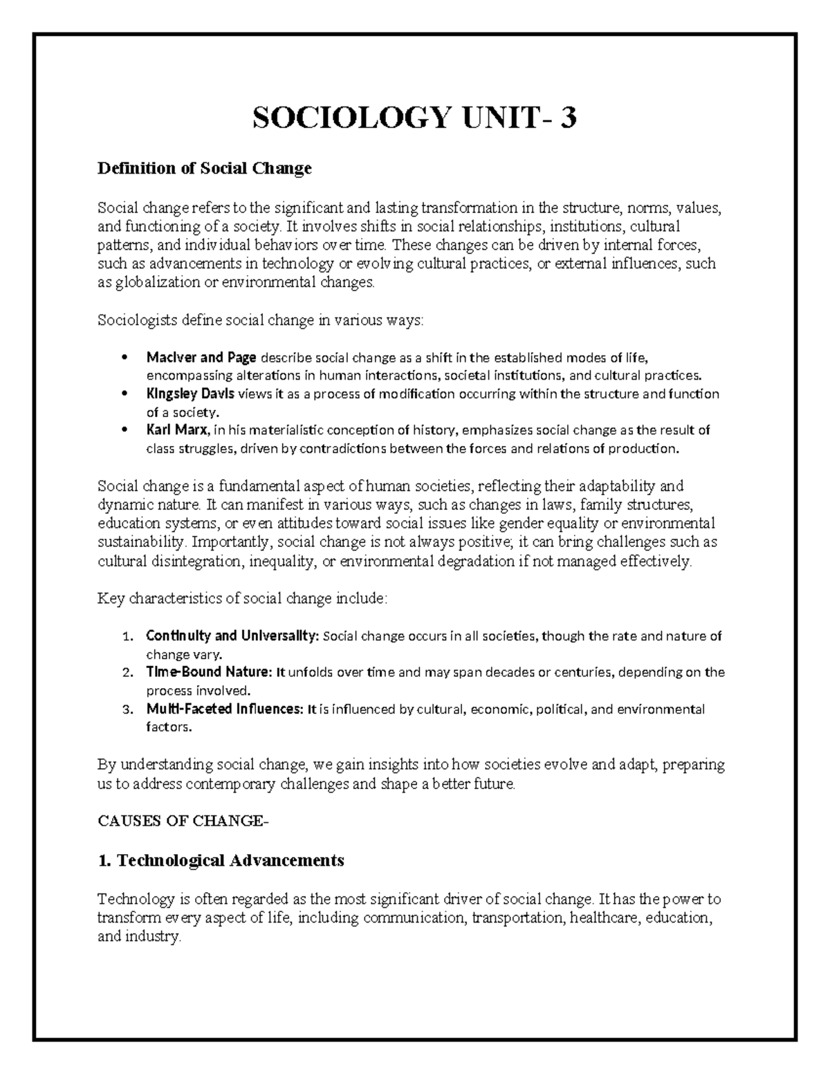 Sociology UNIT 3 - socio unit 3 notes - SOCIOLOGY UNIT- 3 Definition of ...