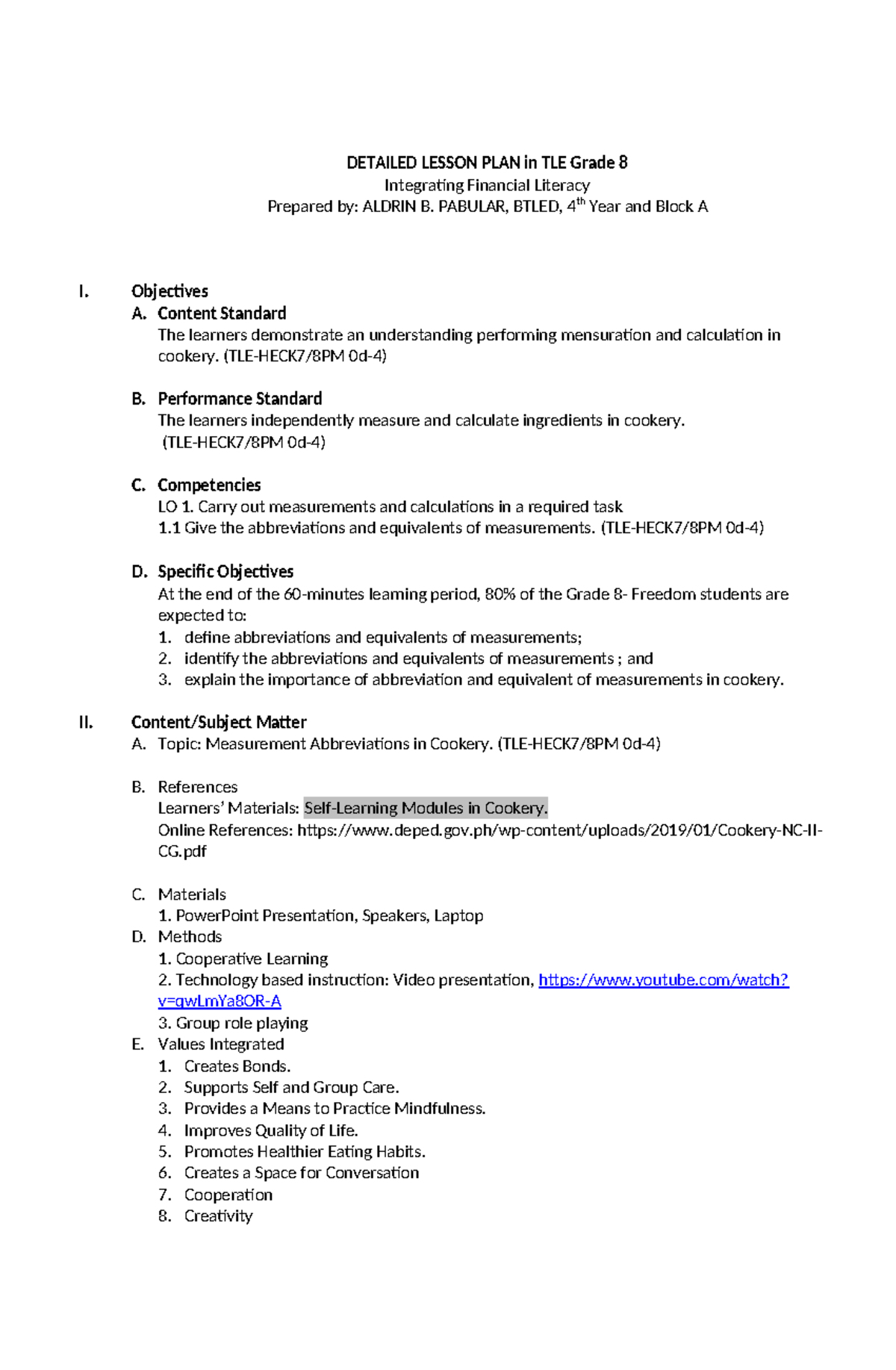 Detailed Lesson Plan on Measurement Abbreviations in TLE (Grade 8 ...