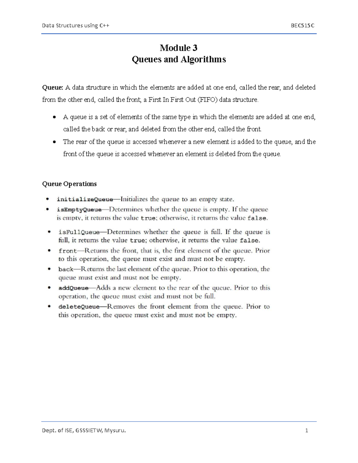 Data Structures BEC515C: Module 3 - Queues & Algorithms Overview - Studocu