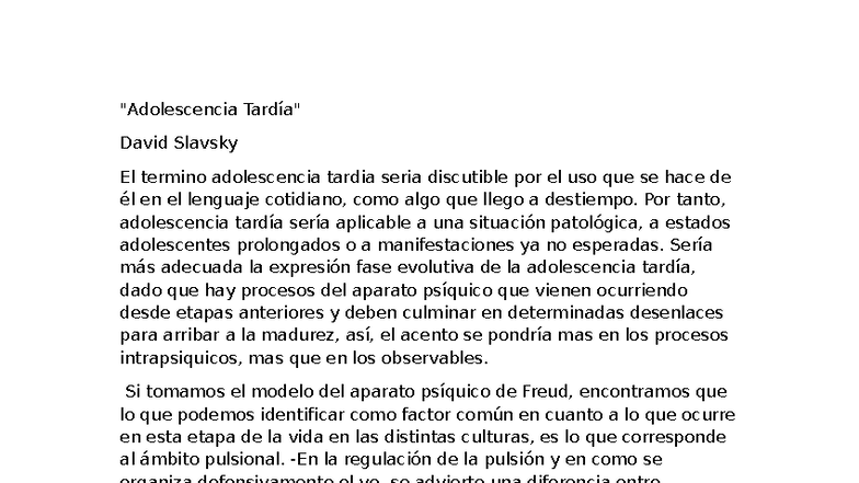 Adolescencia Tardía: Análisis Psíquico y Cultural - Slavsky - Studocu