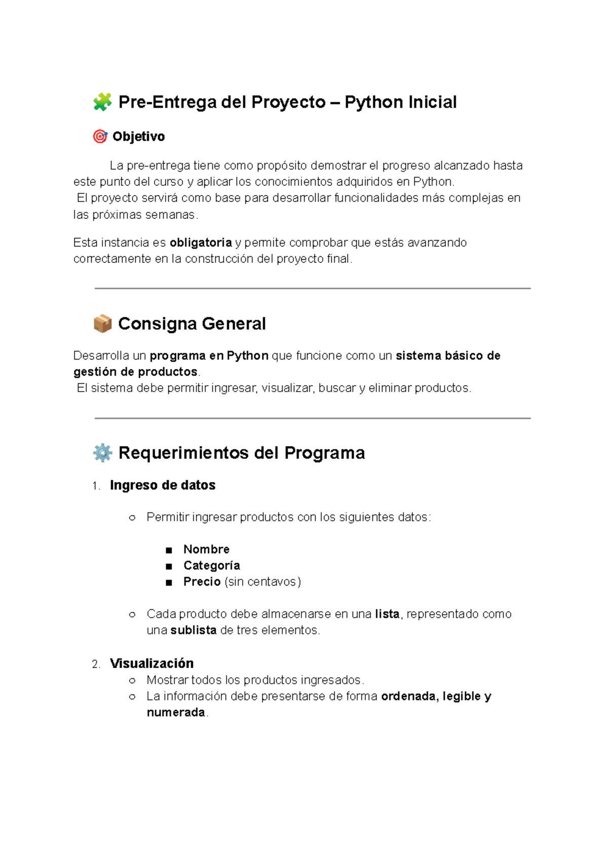 Consigna Pre-Entrega Proyecto Python Inicial: Gestión de Productos - Studocu