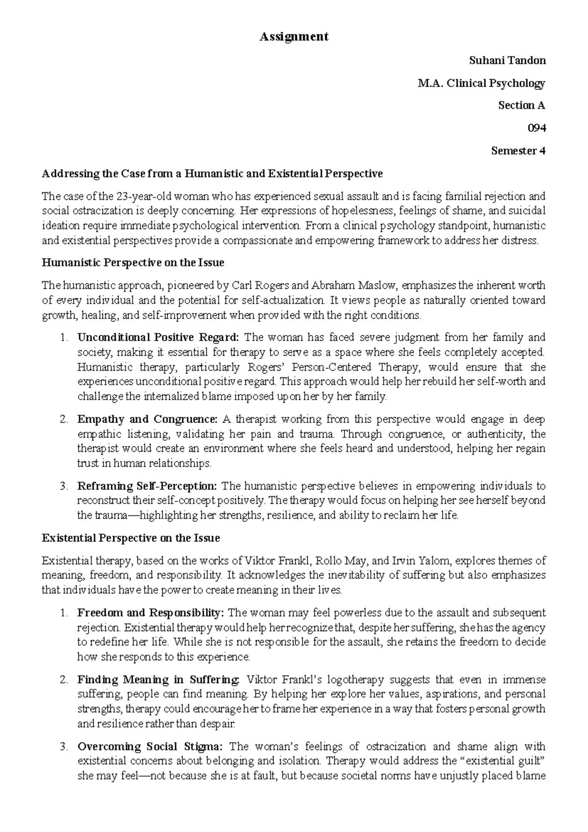 Assignment Humanistic - Assignment Suhani Tandon M. Clinical Psychology ...