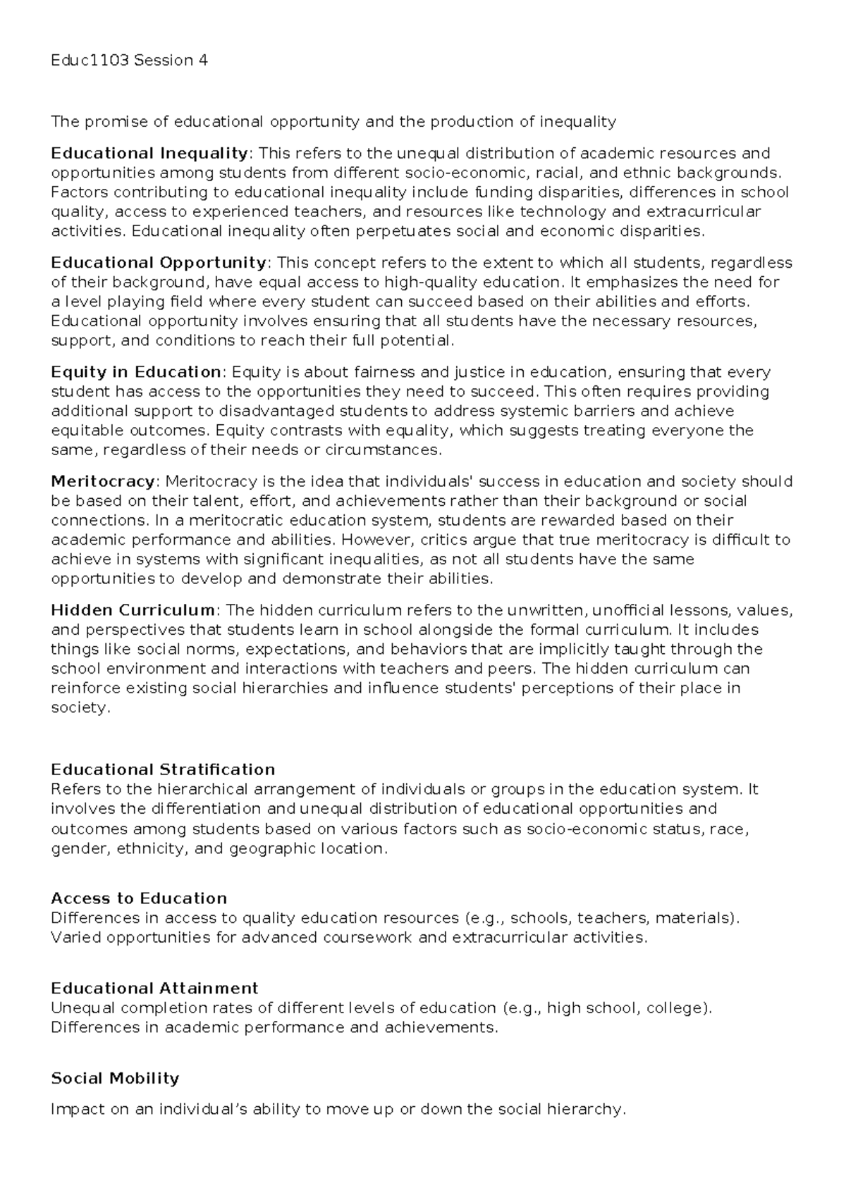 Educ1103 Session 4 Exploring Educational Opportunity Inequality
