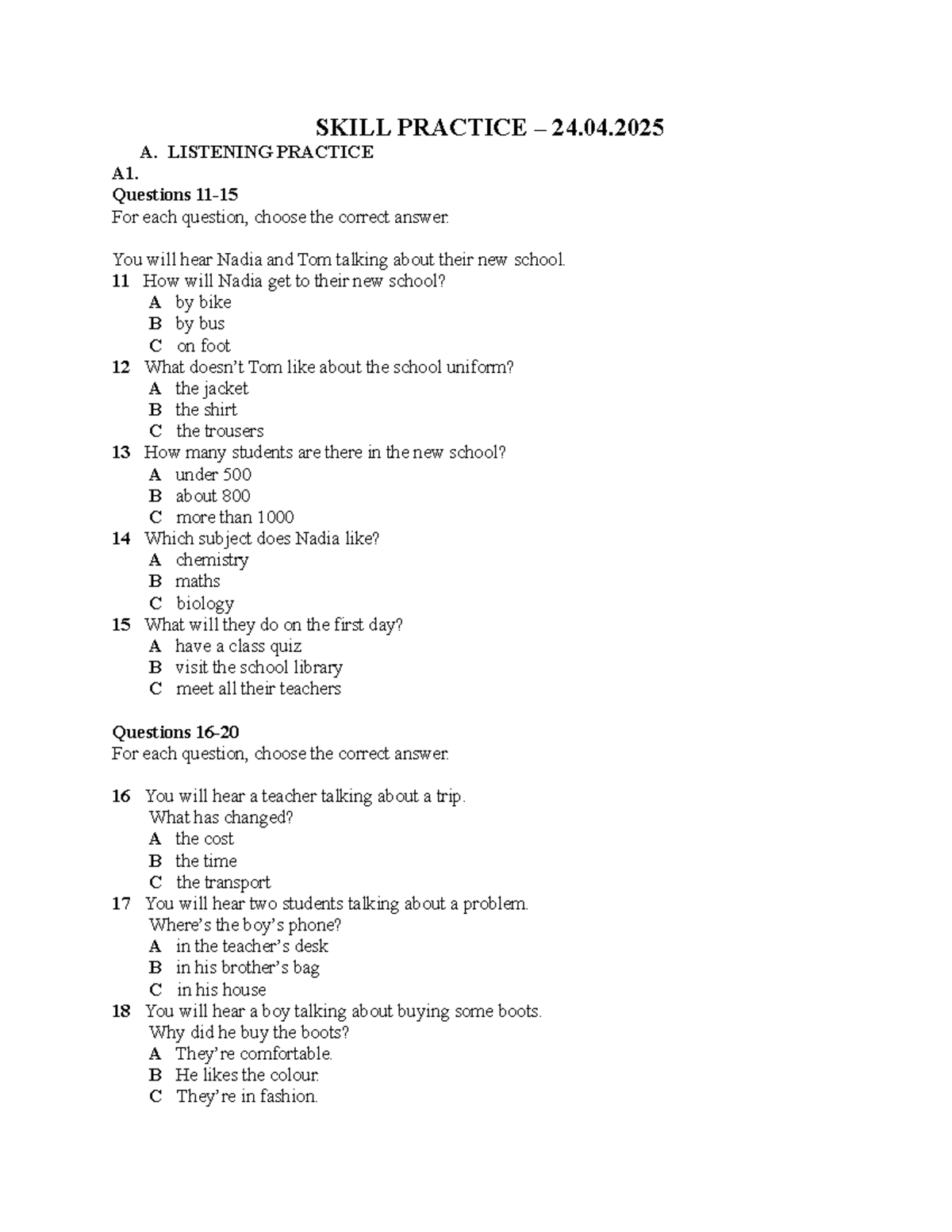 Skill Practice 240425 - Reading and Writing Practicing - SKILL PRACTICE ...