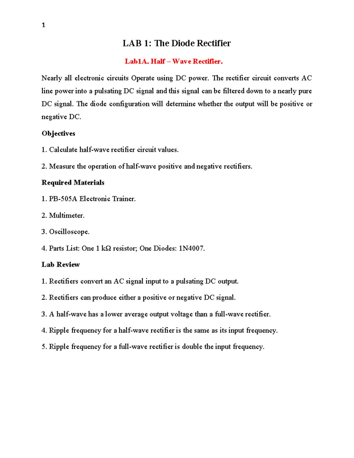LAB 1: Half Wave Rectifier Experiment (1 LAB 1) - Studocu