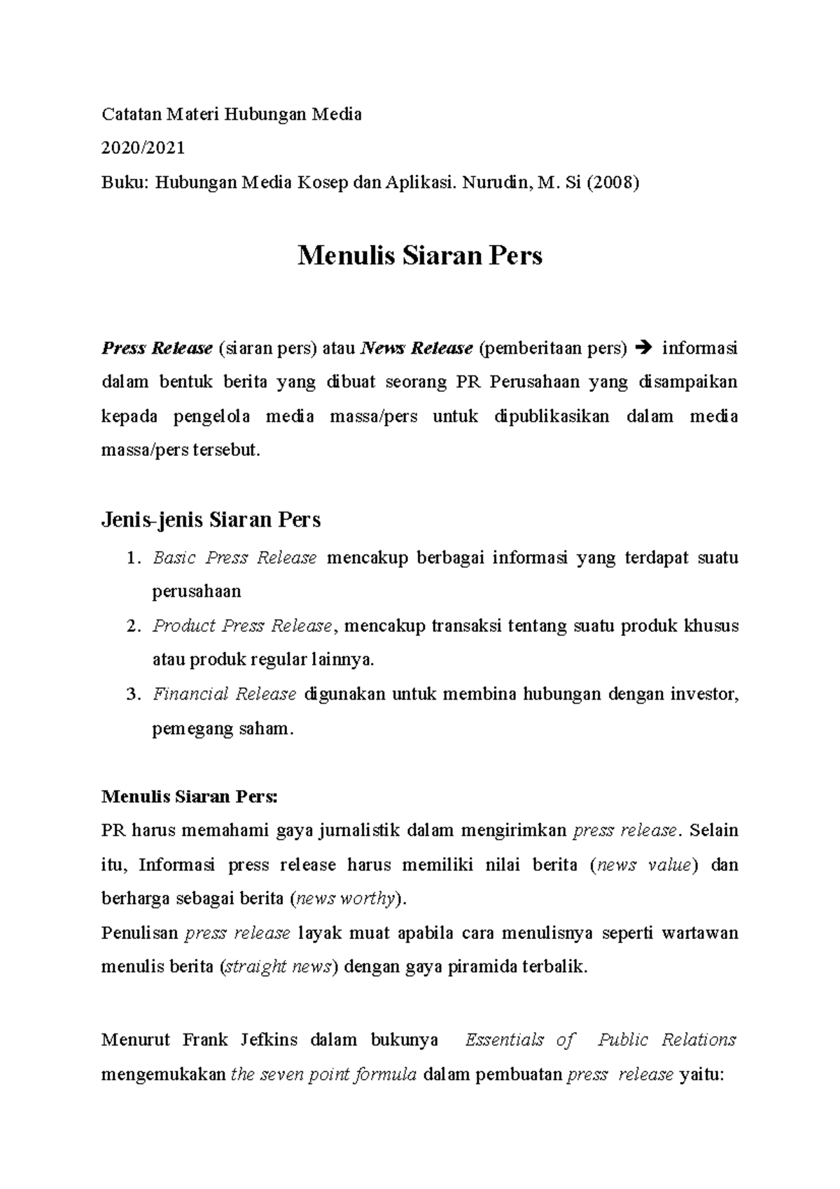 Menulis Siaran Pers Catatan Materi Hubungan Media - Catatan Materi ...