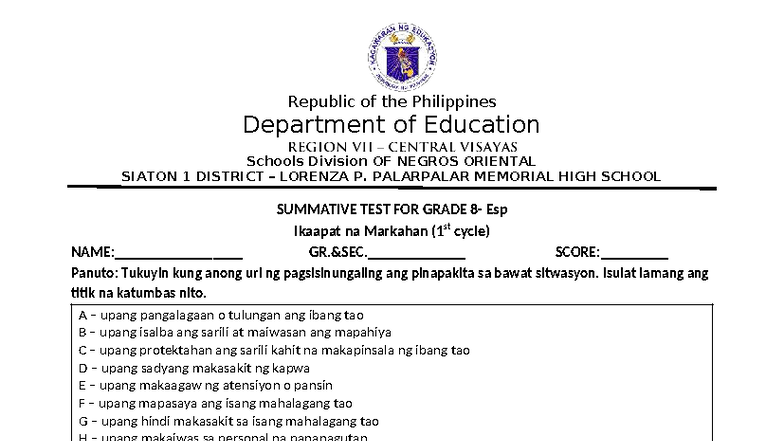 Quarter 4 Grade 8 ESP - Summative Test on Pagsisinungaling - Studocu