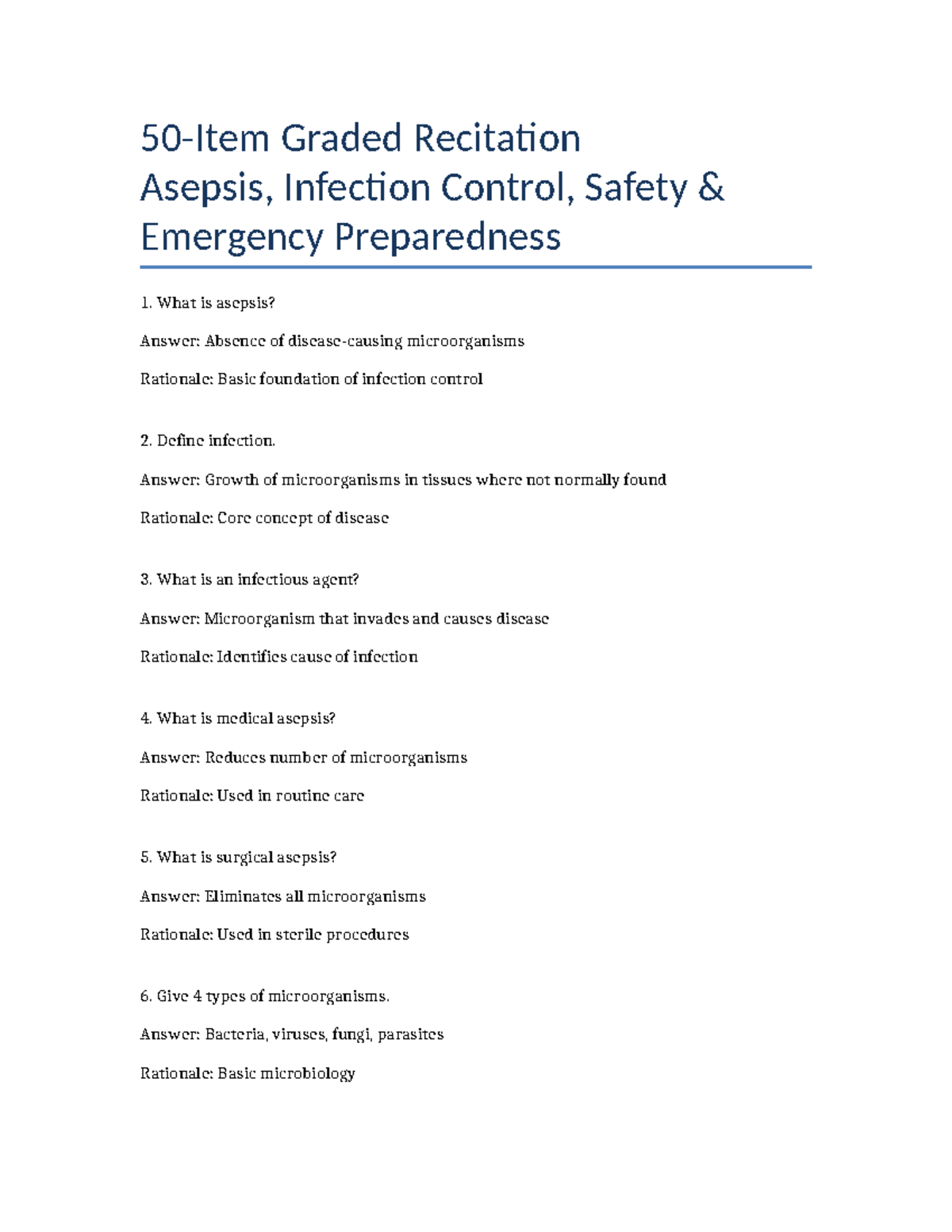 50 Item Graded Recitation: Asepsis, Infection Control & Safety - Studocu