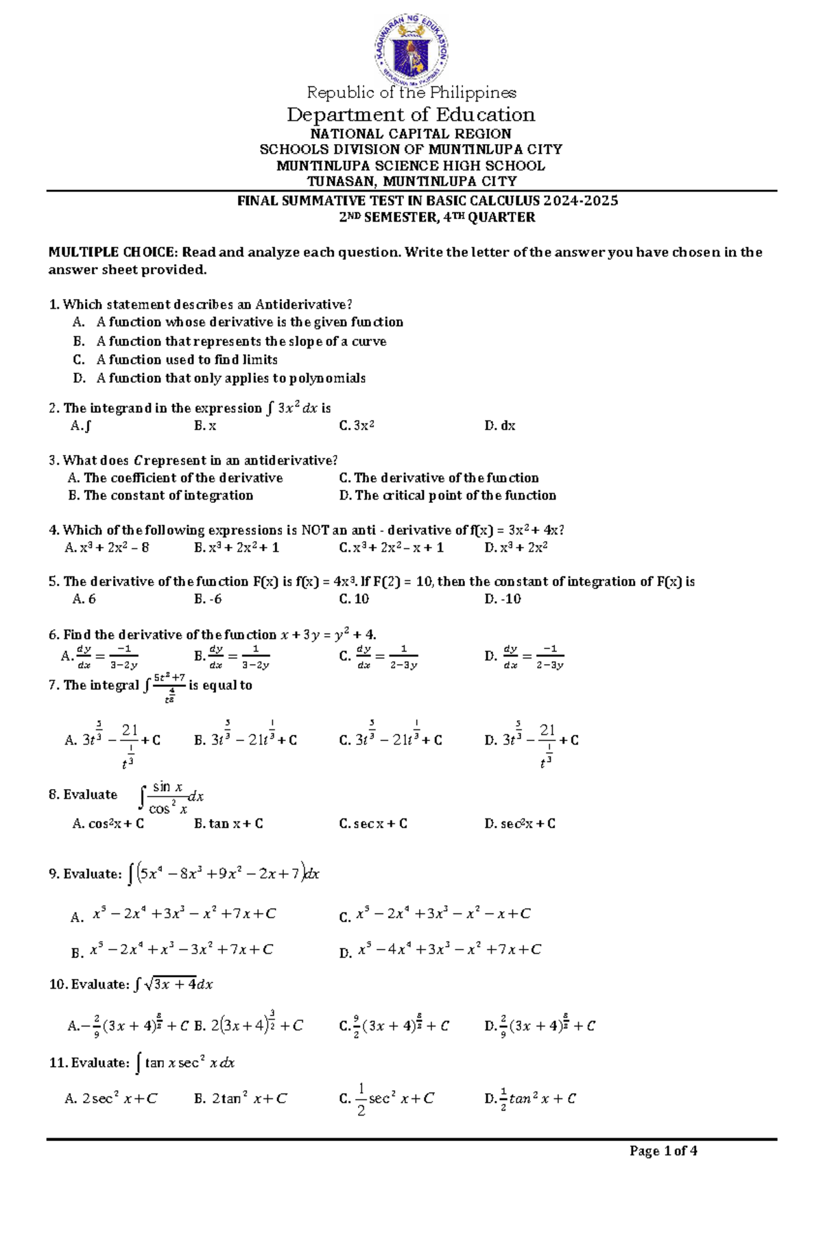 Final Summative Test in Basic Calculus (2024-2025) 2nd Sem, 4th Quarter ...