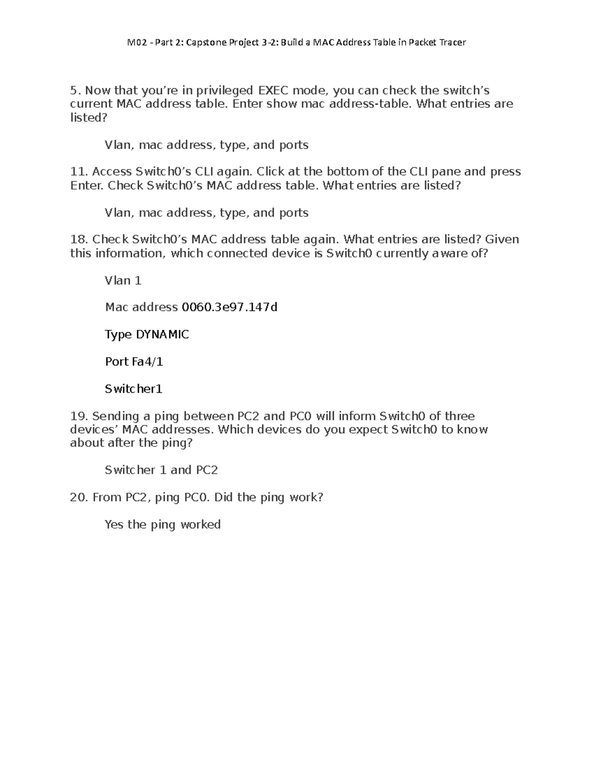 M02 - Capstone Project 3-2: Building a MAC Address Table in Packet Tracer - Studocu