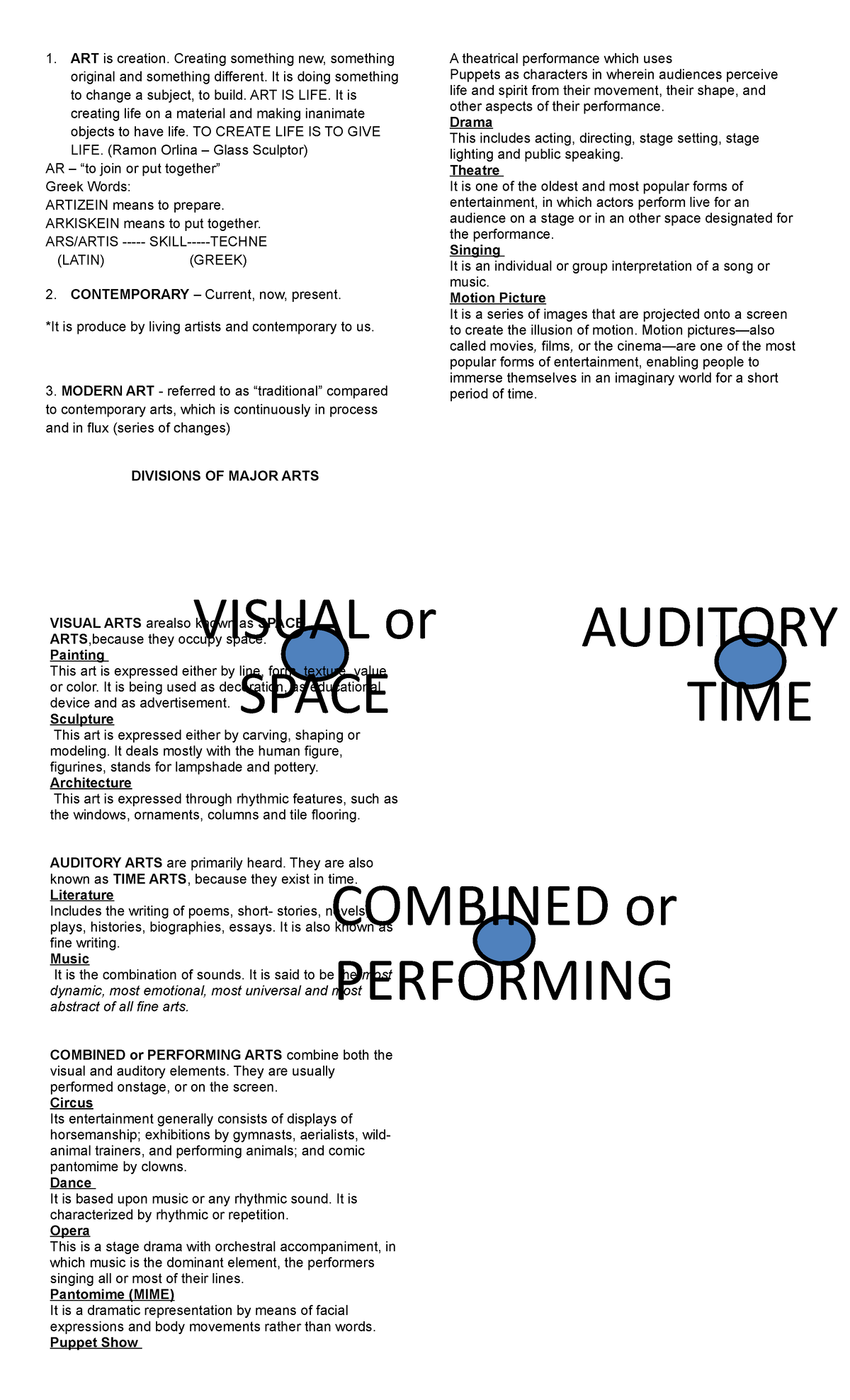 1st week handouts - Notes - VISUAL or SPACE ART is creation. Creating ...