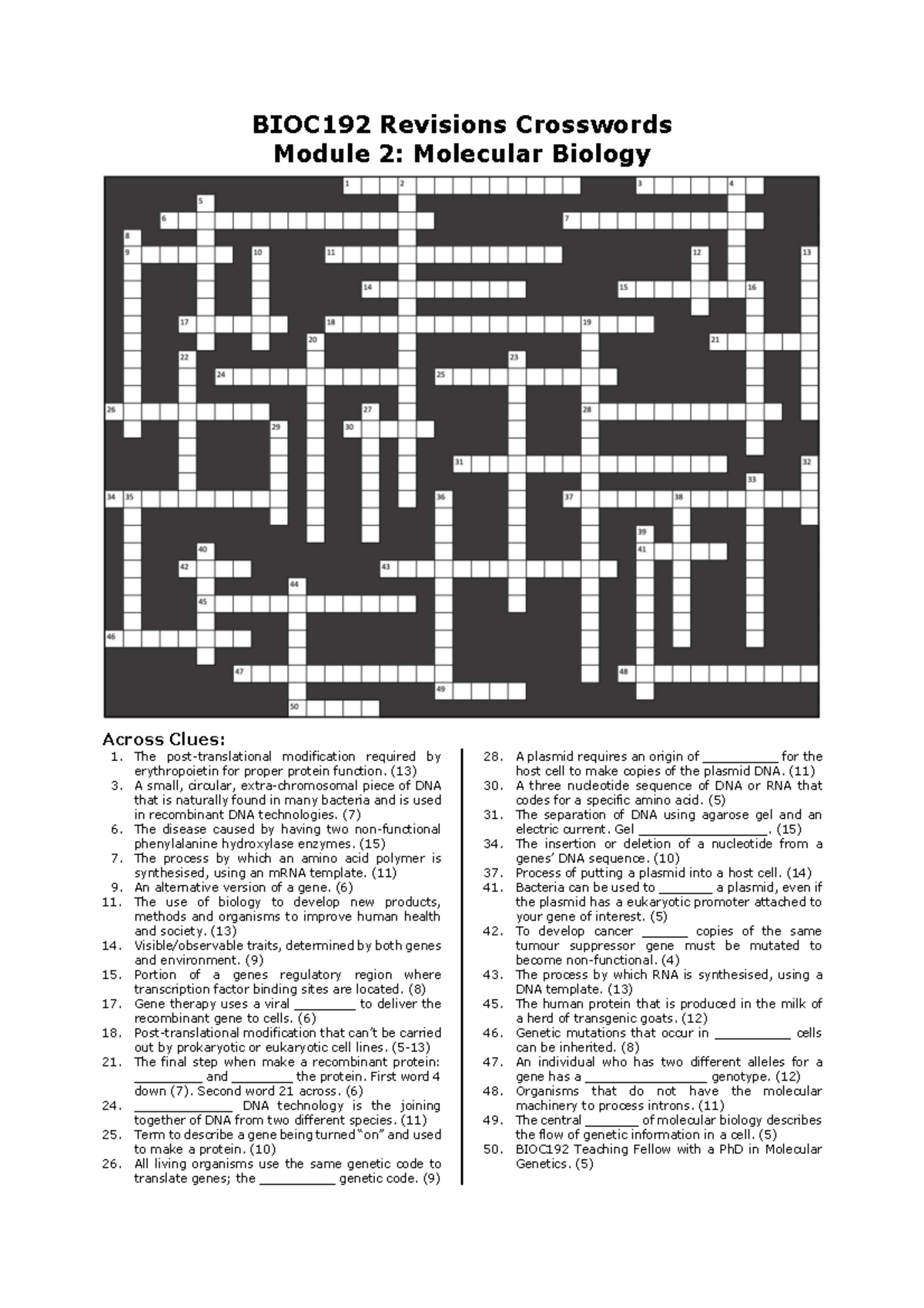 BIOC192 Module 2: Molecular Biology Crossword Puzzle - Studocu
