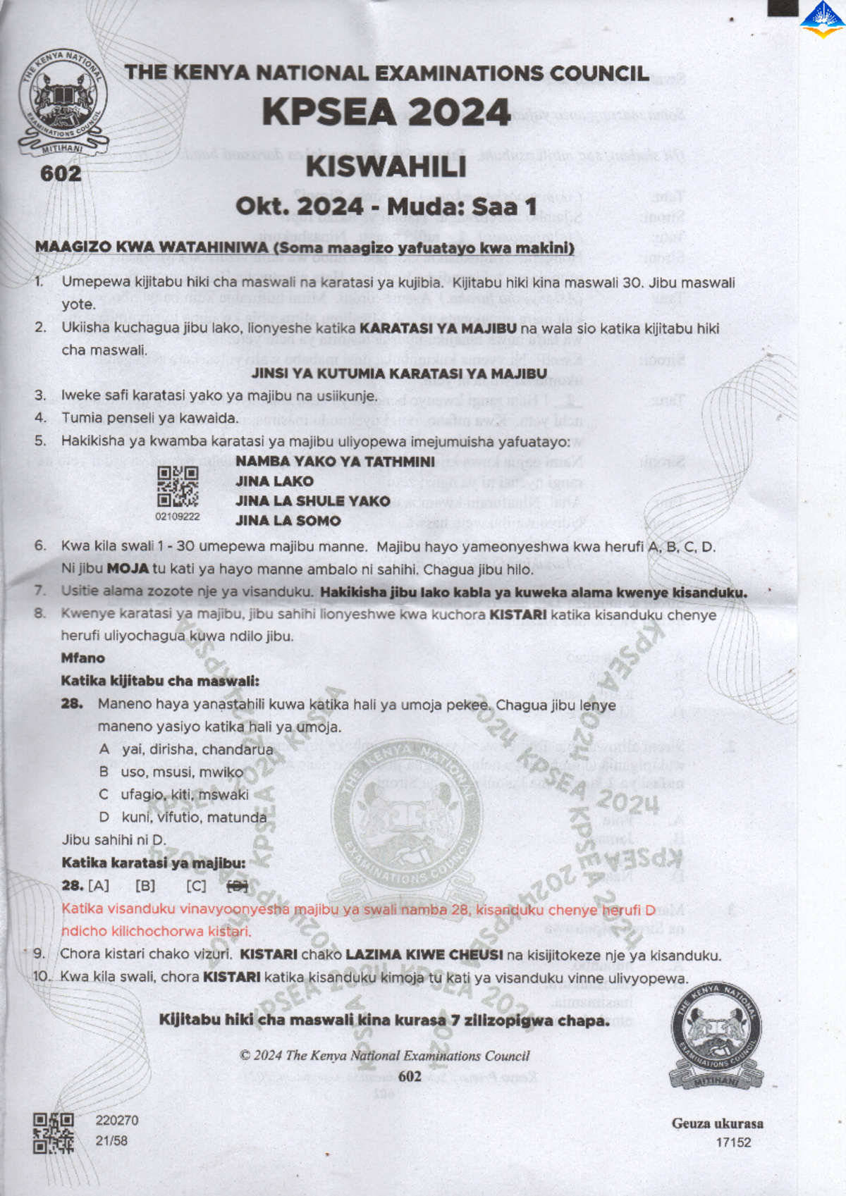 KIS 602 KPSEA 2024 - Maagizo, Maswali na Majibu katika Kiswahili - Studocu