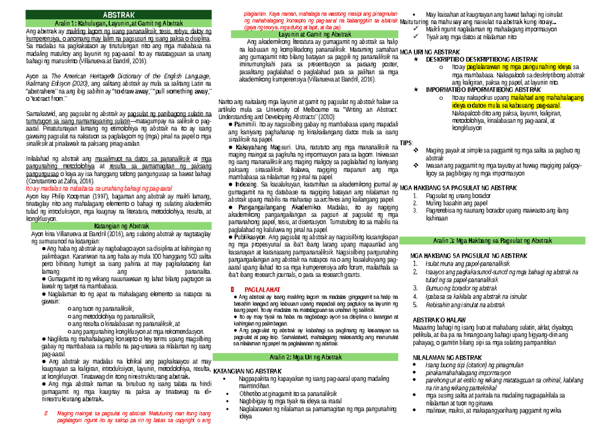 Abstrak: Kahulugan, Layunin, at Gamit ng Abstrak (Aralin 1) - Studocu
