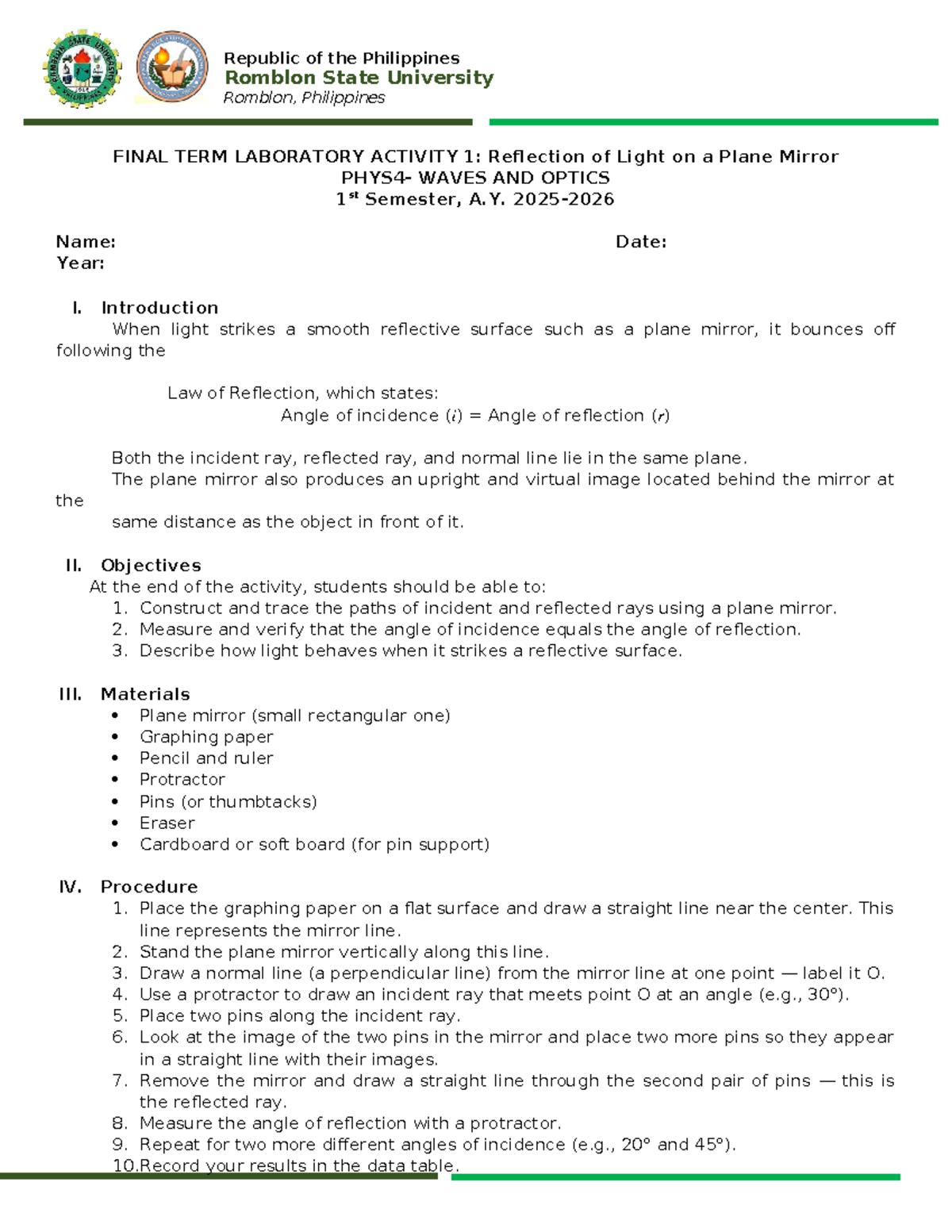 WAVES AND OPTICS: Final Term Lab Activity on Light Reflection - Studocu