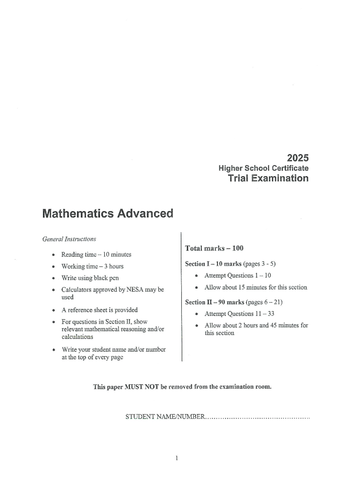 Math Advanced - 2025 HSC Trial Exam Paper - Studocu