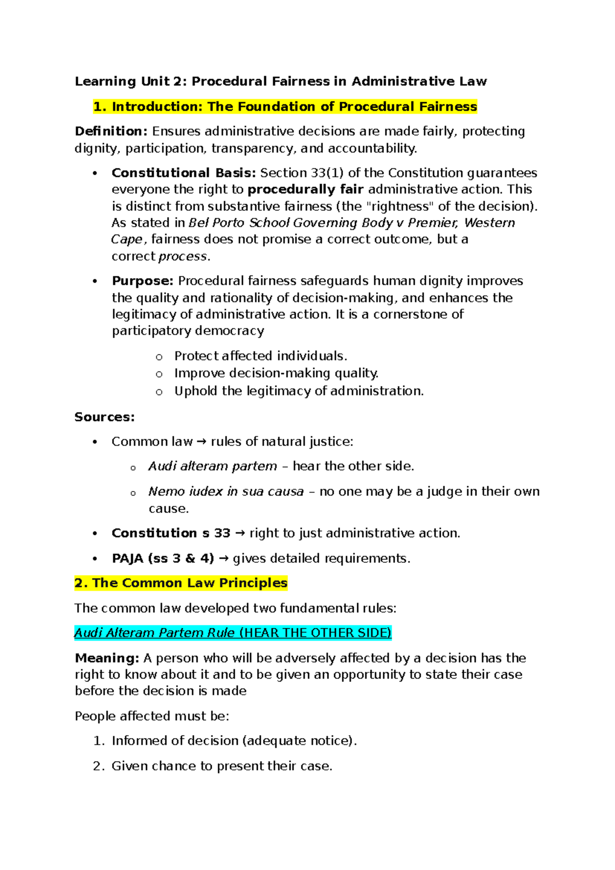 Learning Unit 2: Procedural Fairness in Admin Law - Studocu