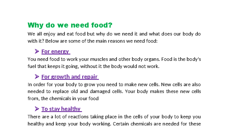 Why We Need Food: Class Notes on Nutrition and Health - Studocu