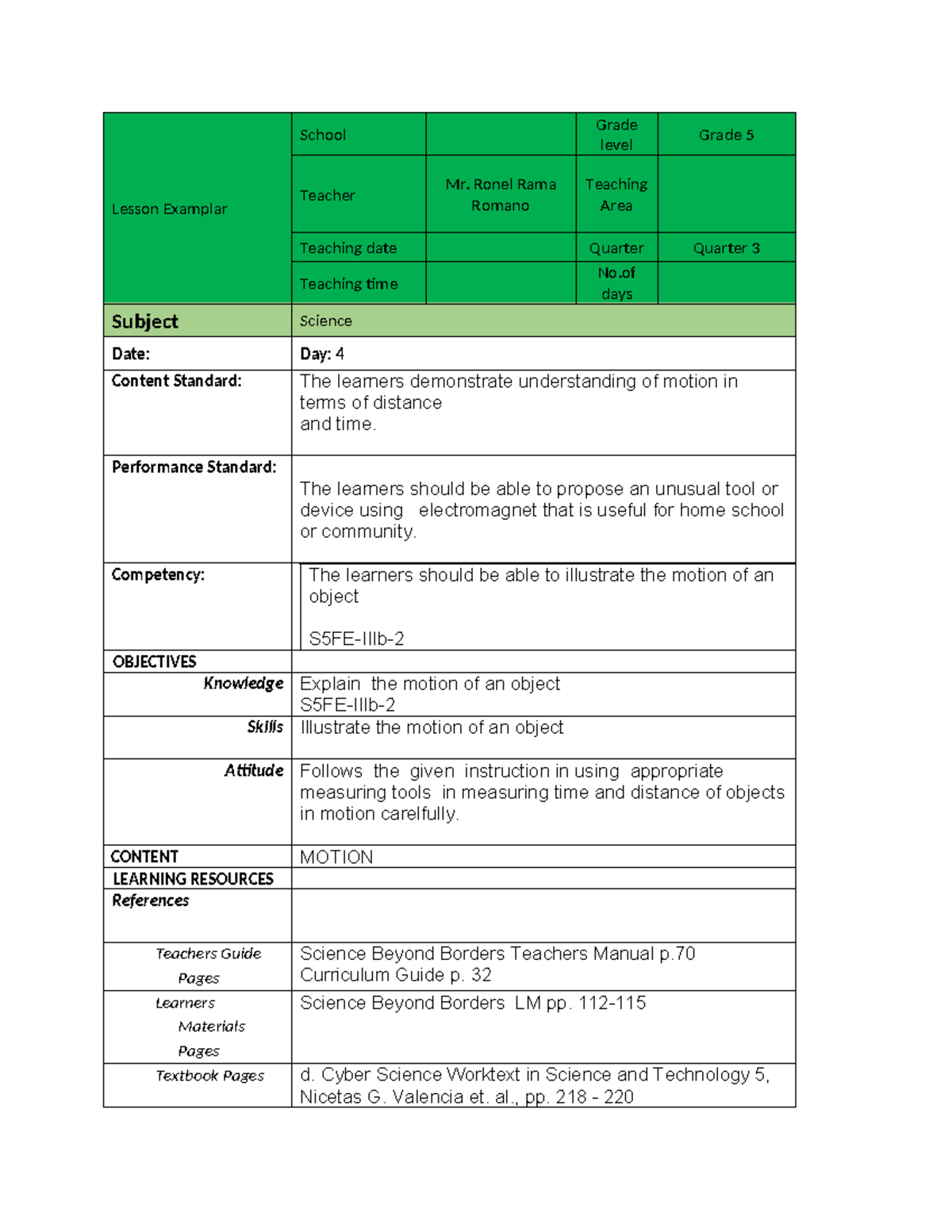 Grade 5 Science Lesson Exemplar: Understanding Motion and Speed - Studocu