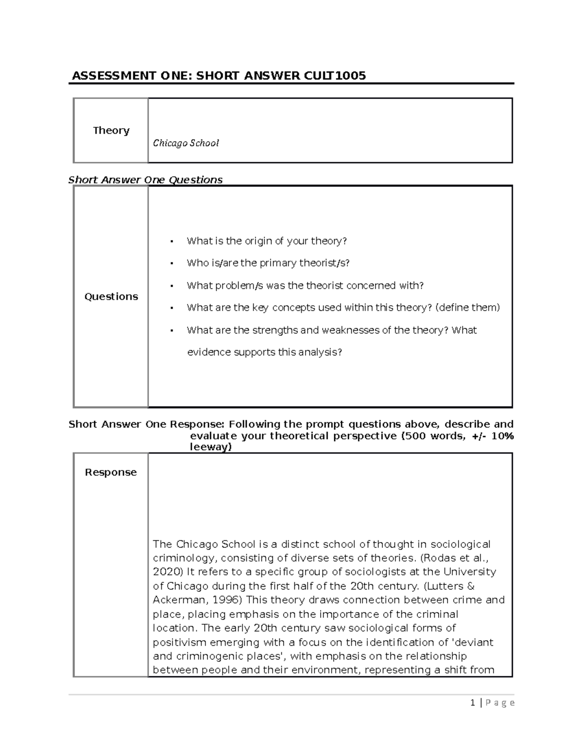 CULT1005 Short Answer Assessment: Evaluating the Chicago School Theory ...