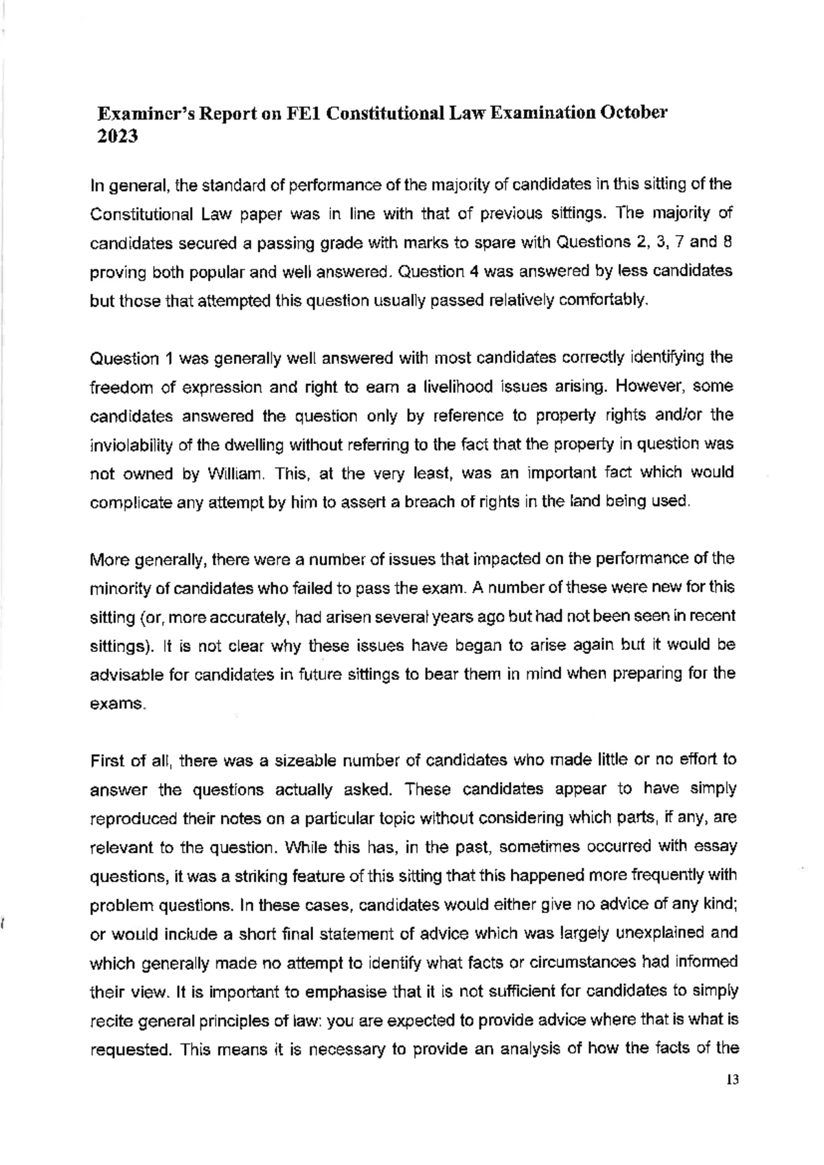 Report on FE1 Constitutional Law Exam Performance - October 2023 - Studocu
