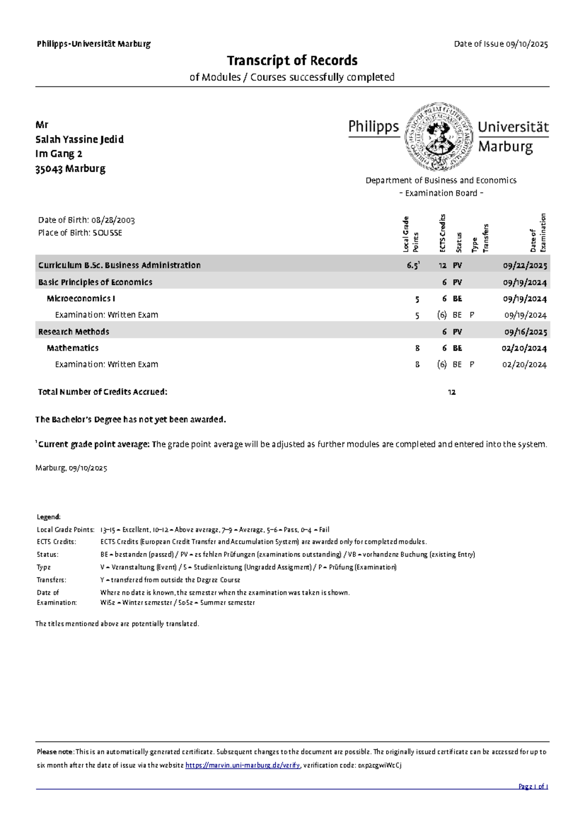 Transcript of Records: B.Sc. Business Administration (6.51) - Studocu
